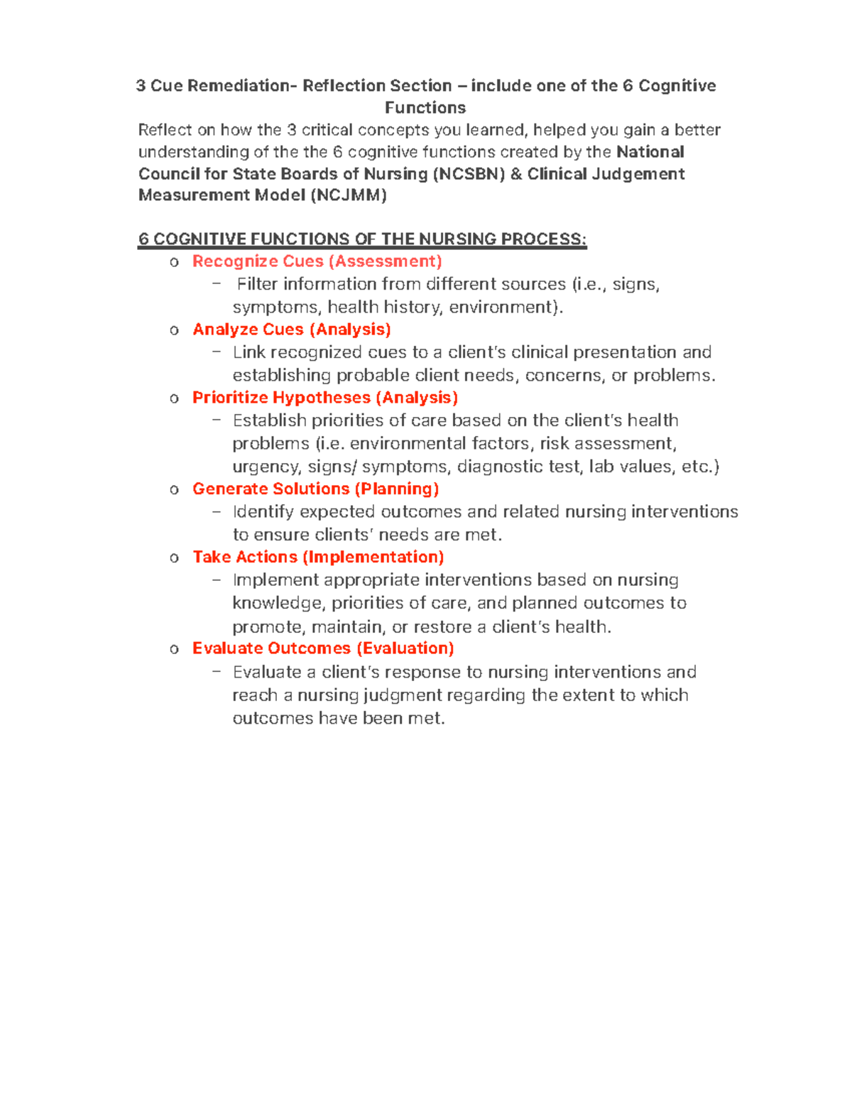 6 Cognitive Functions of the Nursing Process - – – – – – – 3 Cue ...