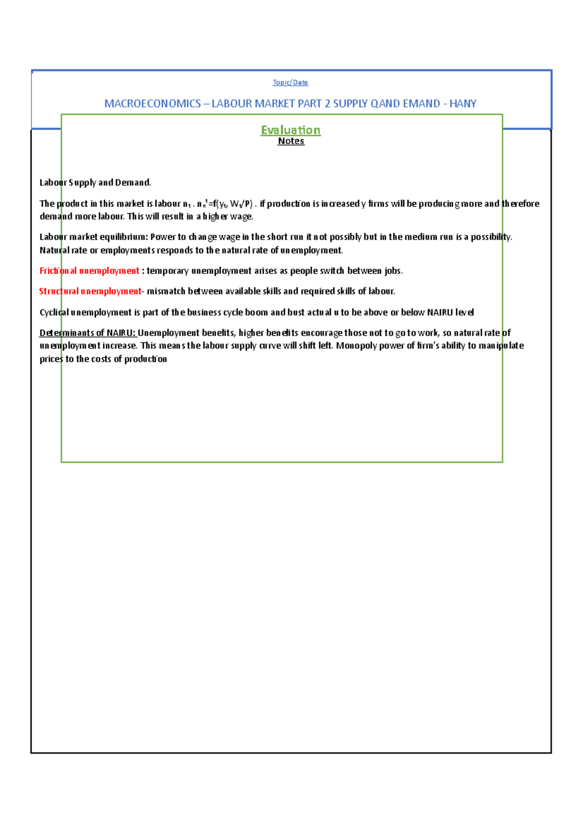Week 7 labour Market PT2 - Topic/Date MACROECONOMICS – LABOUR MARKET ...