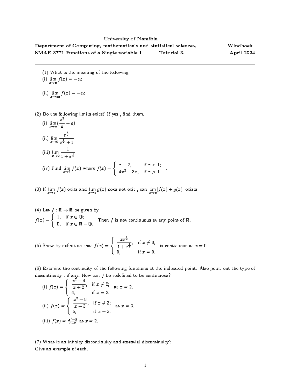 Tutorial 3 - Solve those questions - University of Namibia Department ...