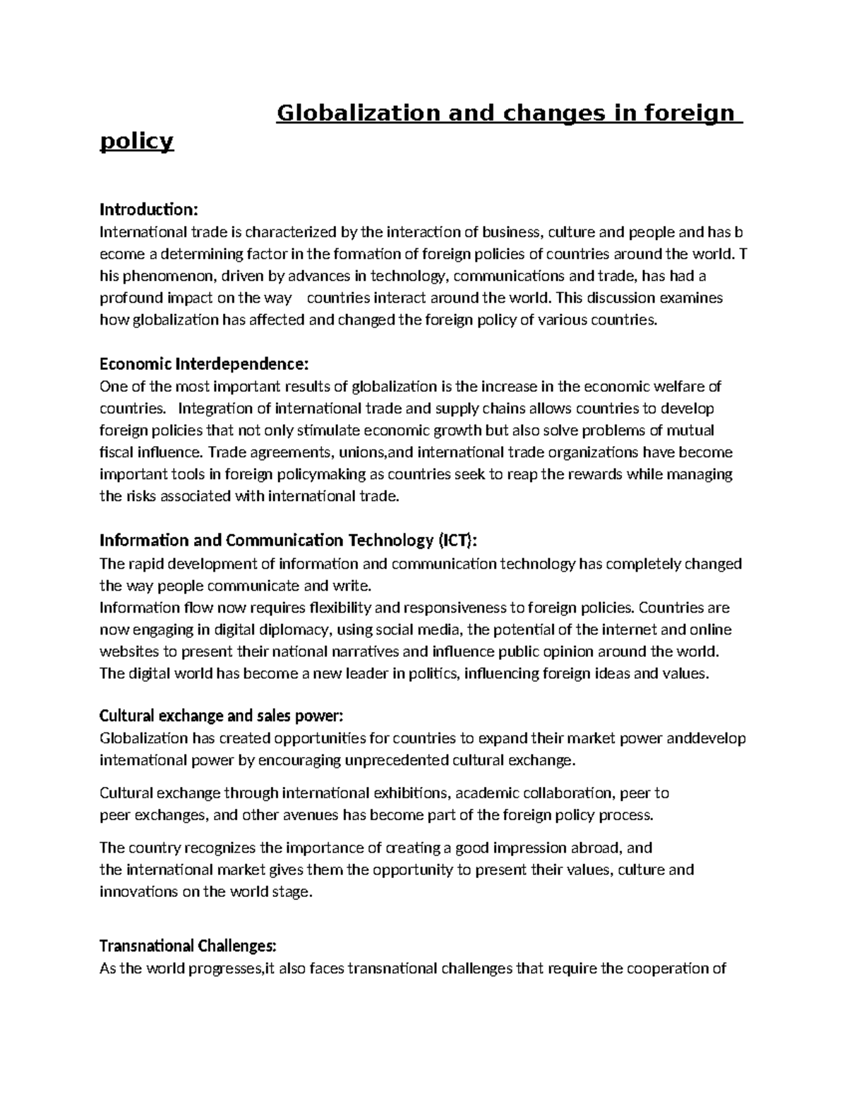 Globalization and changes in foreign policy - Globalization and changes ...