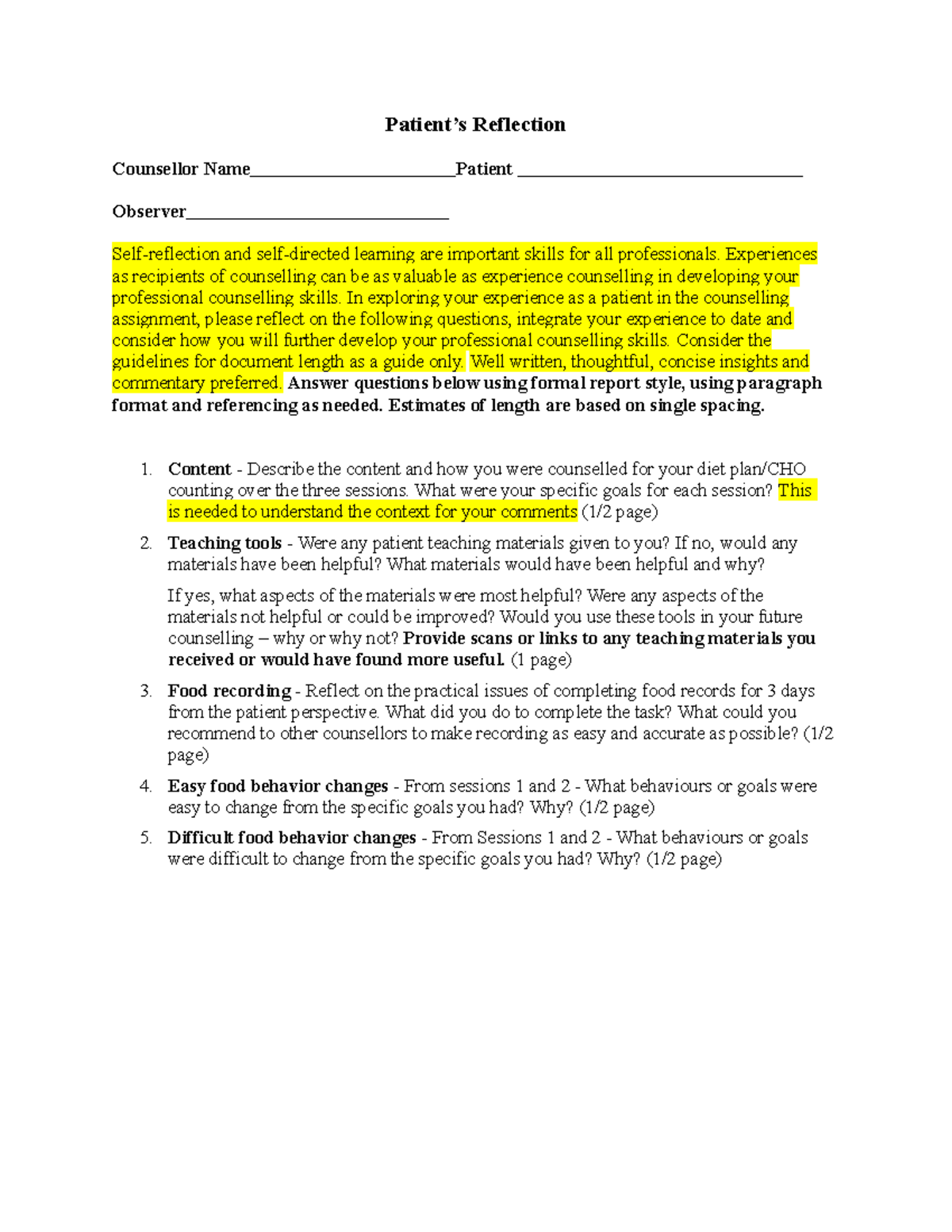Patient Reflection - Patient’s Reflection Counsellor Name Patient ...