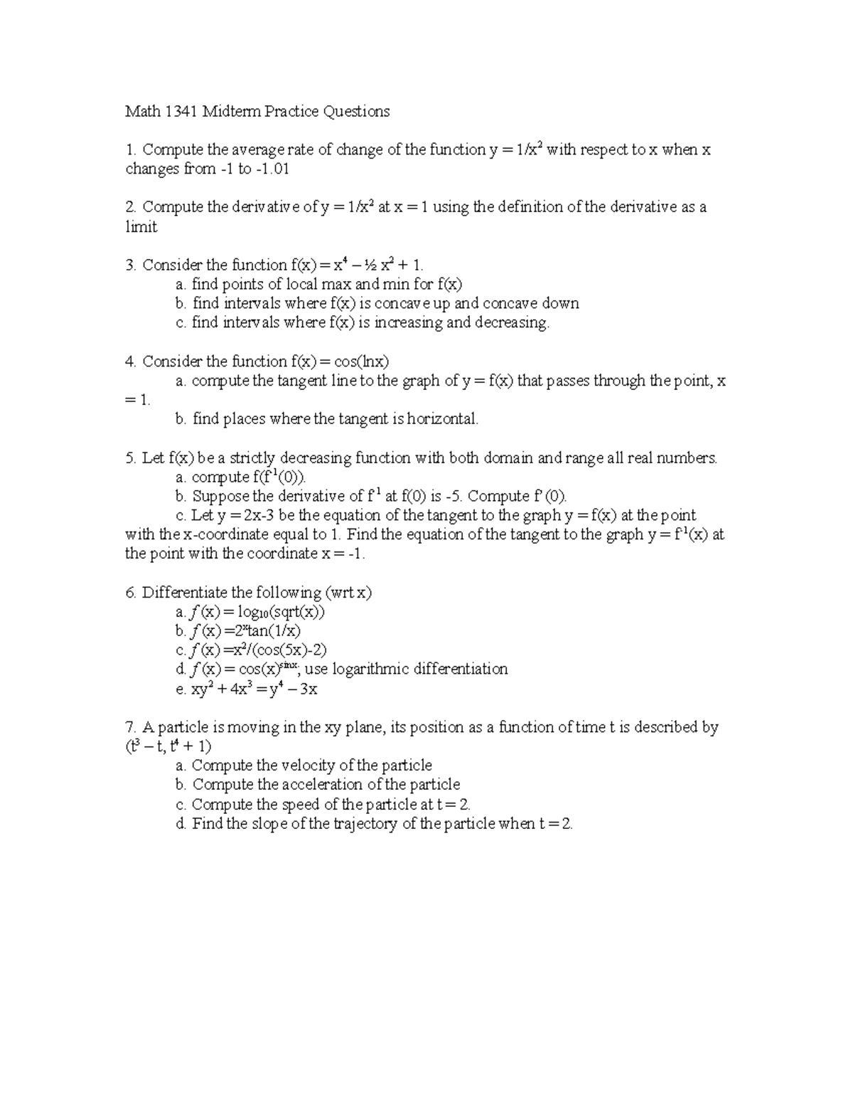 Math 1341 Midterm Practice Questionsv 5 - Math 1341 Midterm Practice ...