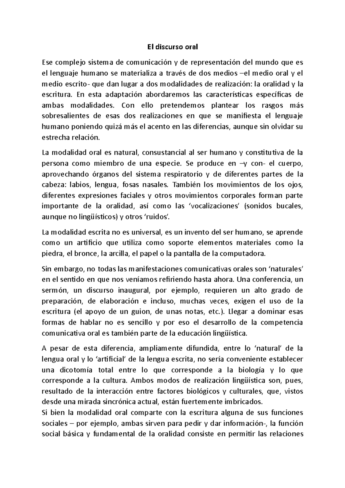 El Discurso Oral Apuntes 1 El Discurso Oral Ese Complejo Sistema De