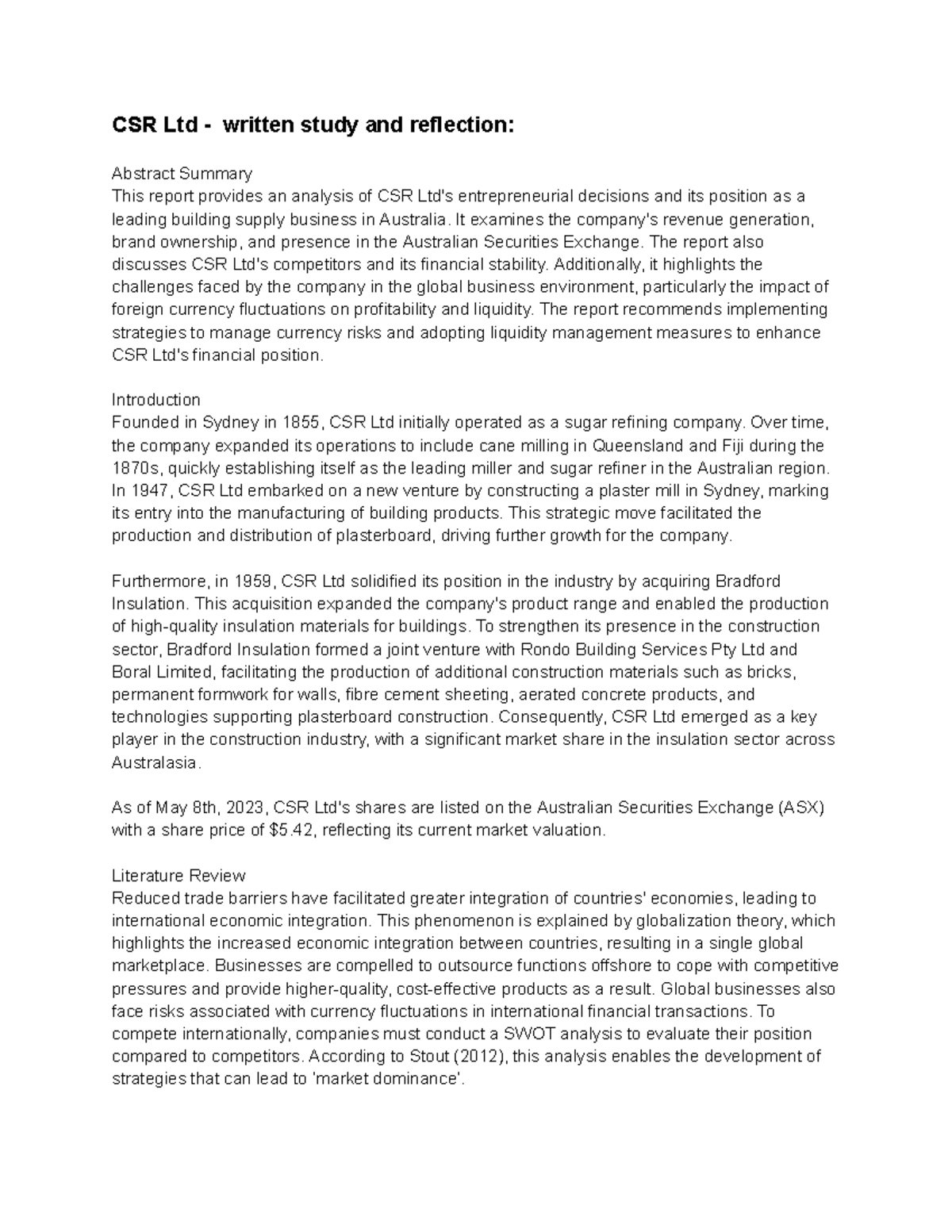 Enterprise leadership - written study and reflection - CSR Ltd ...