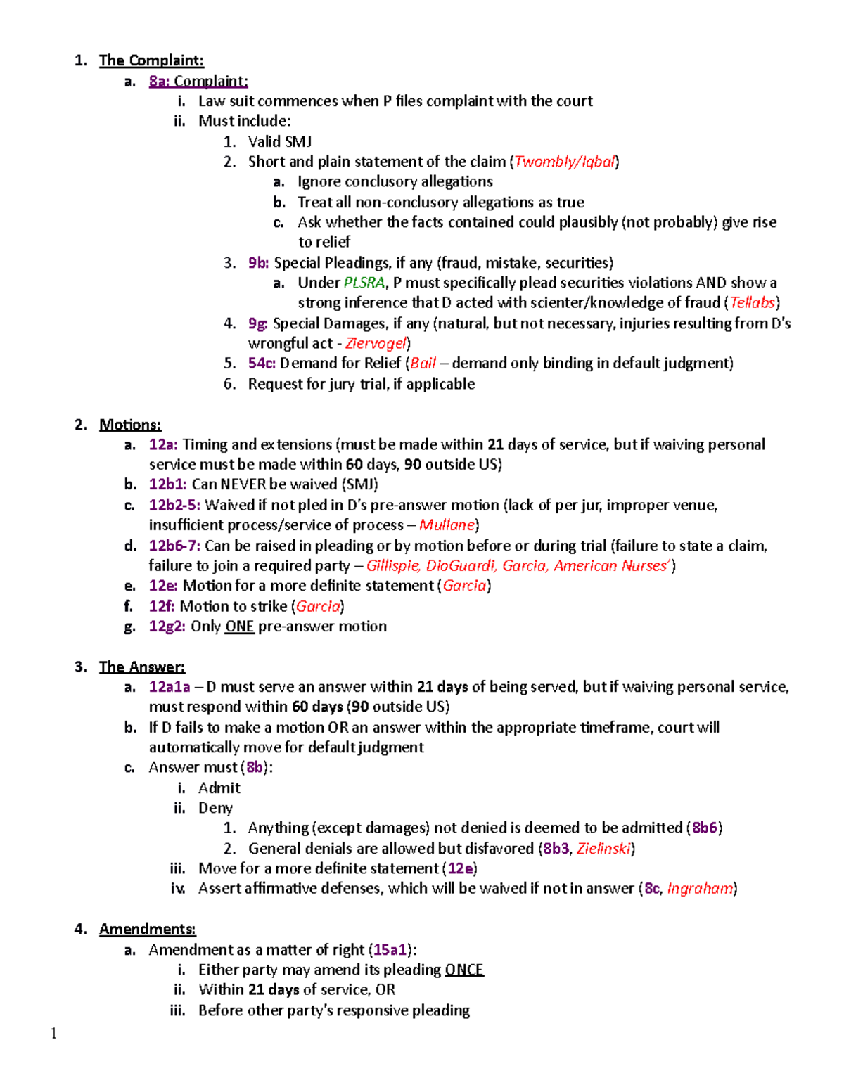 Civ Pro Checklist - outline - The Complaint: a. 8a: Complaint: i. Law ...