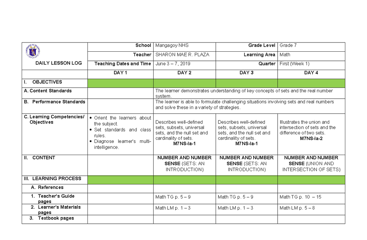 WEEK 1 - math 7 daily lesson log - DAILY LESSON LOG School Mangagoy NHS ...