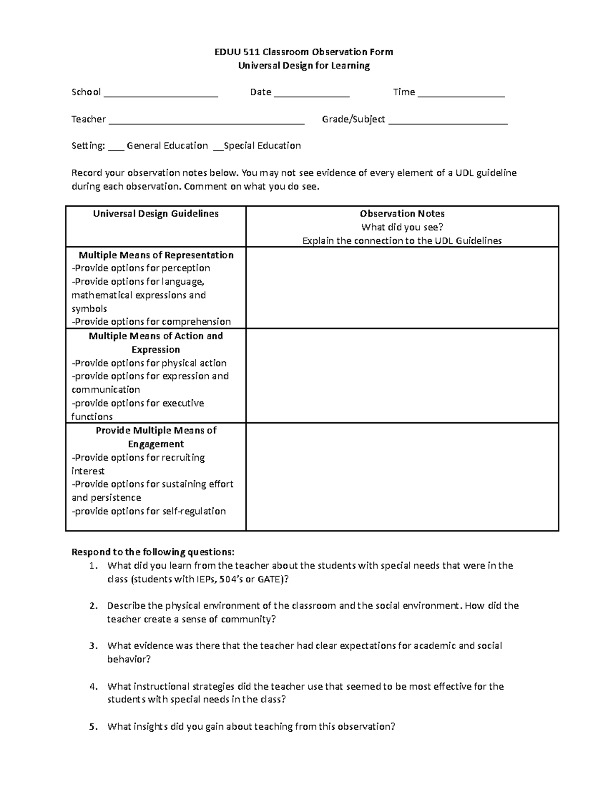 EDUU 511 Classroom Observation Form - You may not see evidence of every ...