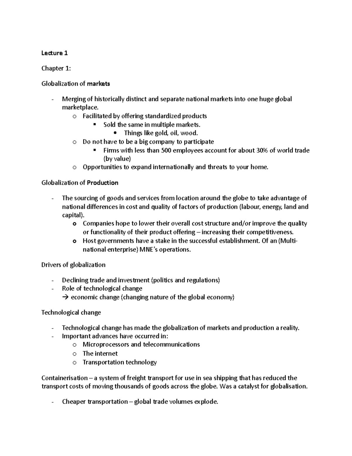 International Business Notes - Lecture 1 Chapter 1: Globalization of ...
