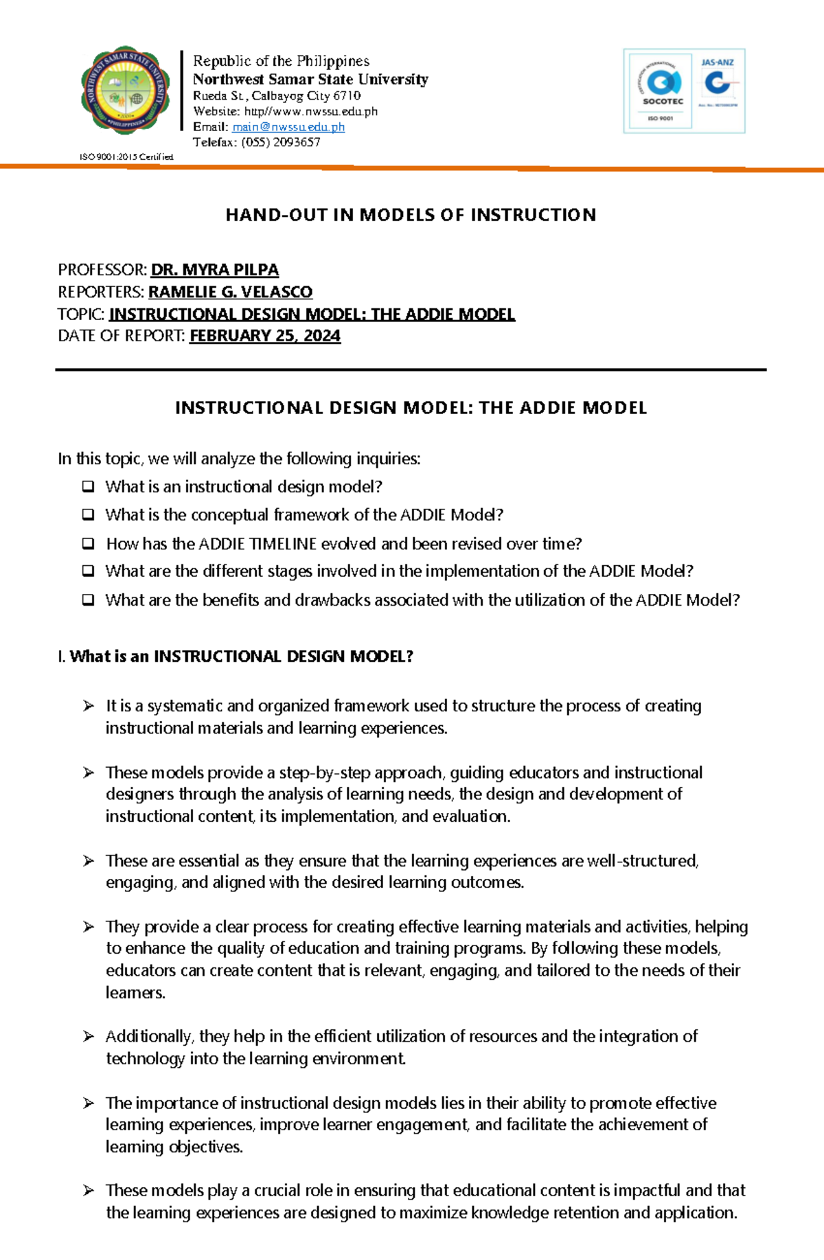 THE Addie Model (HAND-OUT) - HAND-OUT IN MODELS OF INSTRUCTION ...