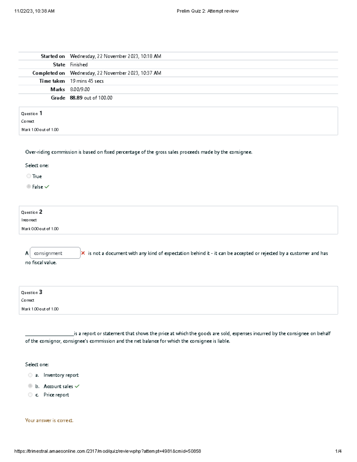 Prelim Quiz 2 Attempt review - AST - Started on Wednesday, 22 November 2023, 10:18 AM State ...