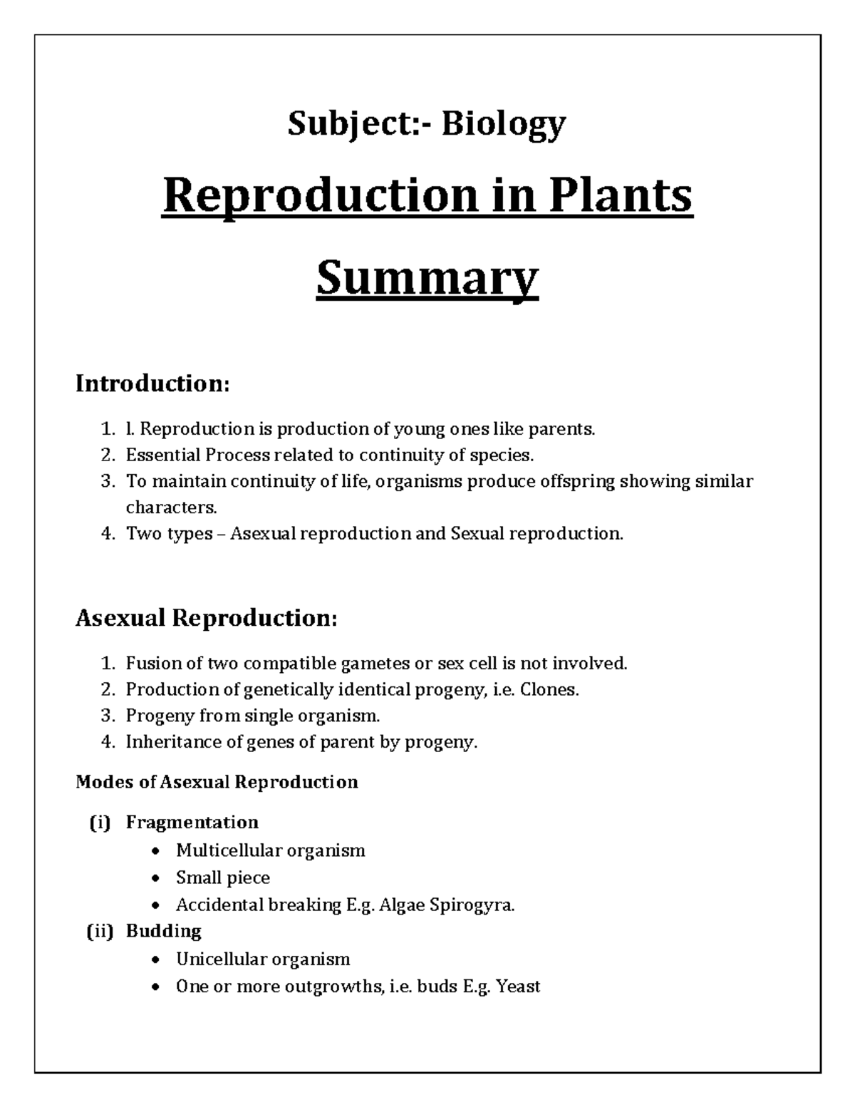 Reproduction in Plants summary - Subject:- Biology Reproduction in Plants Summary Introduction ...