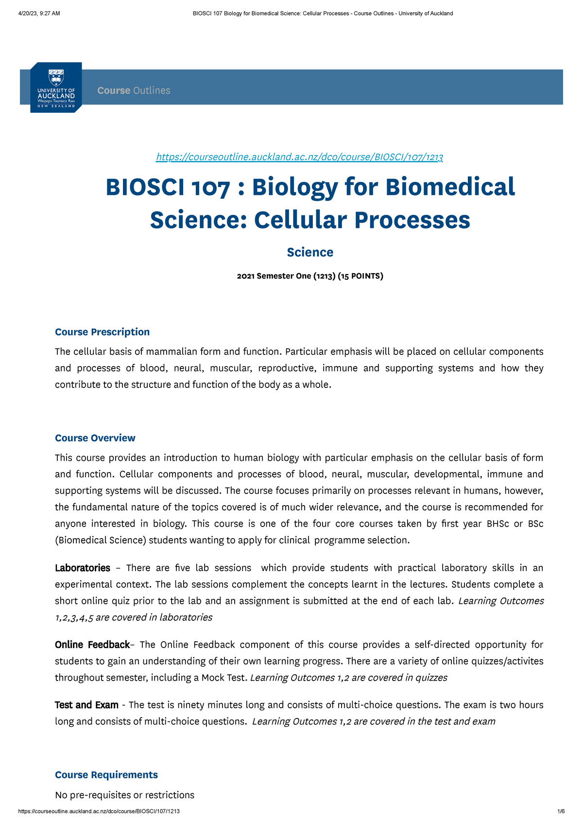 Biosci 107 Biology for Biomedical Science Cellular Processes - Course ...