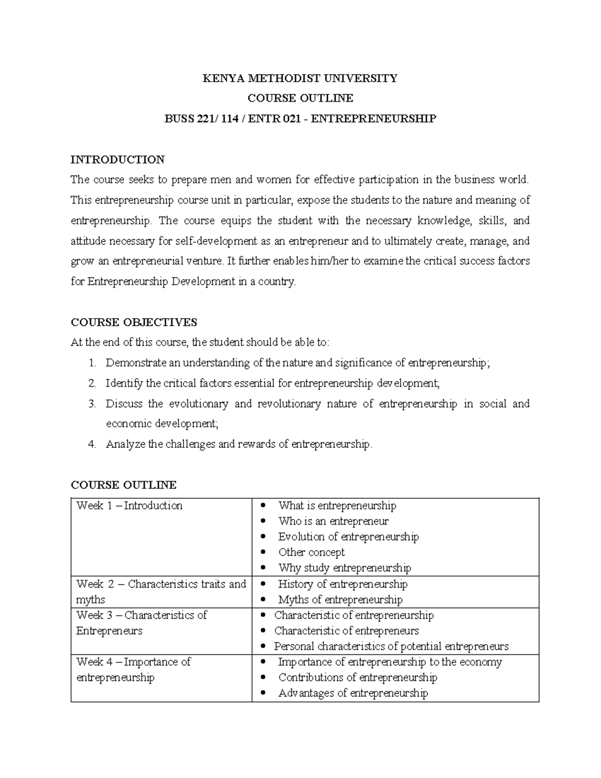 ENTR 032 - Course Outline - KENYA METHODIST UNIVERSITY COURSE OUTLINE ...