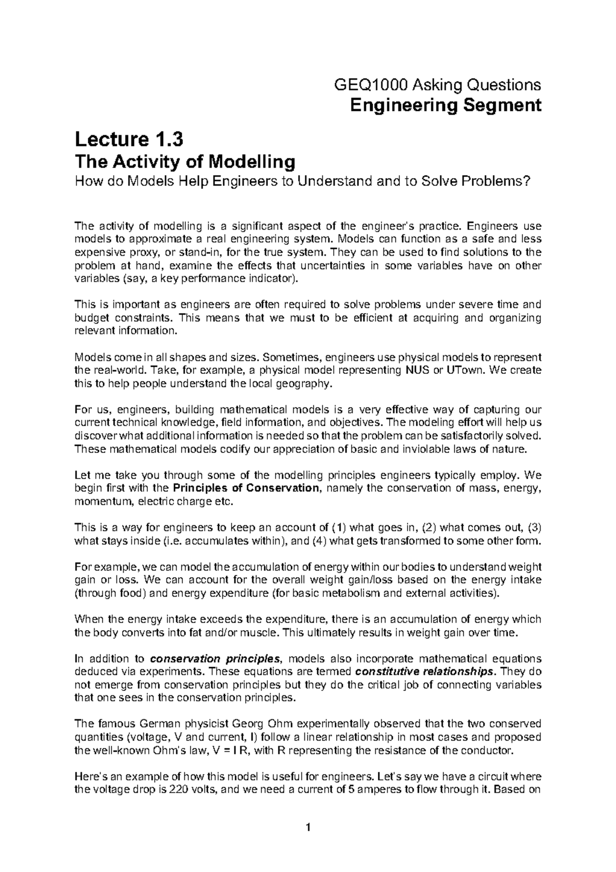 Engineering 1-3 The Activity of Modelling - 1 GEQ1000 Asking Questions ...