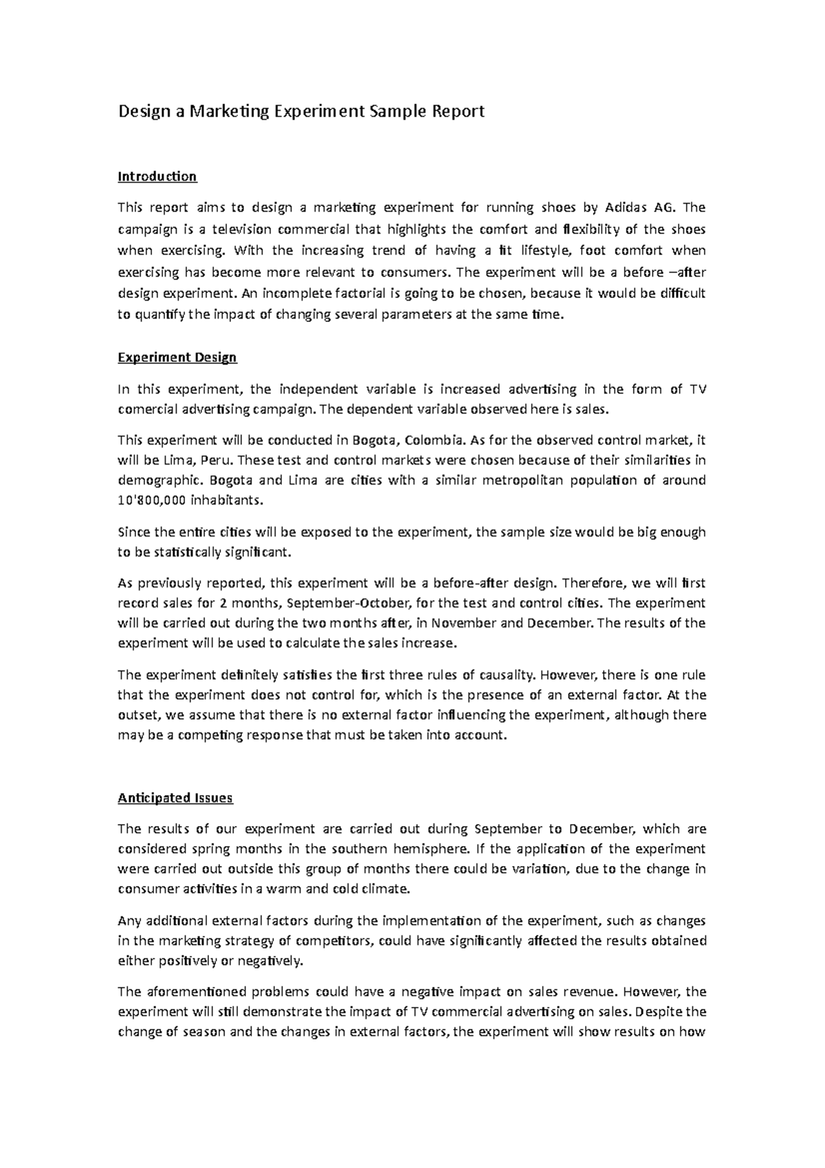Design a Marketing Experiment Sample Report - Business intelligence ...
