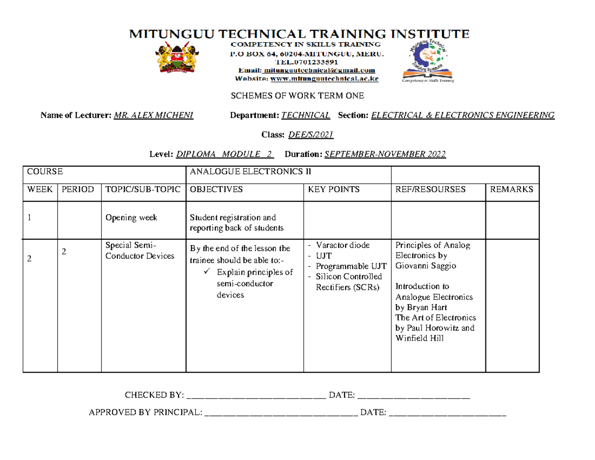 Schemes OF WORK Analogue Electronics II TERM 1 - SCHEMES OF WORK TERM ...