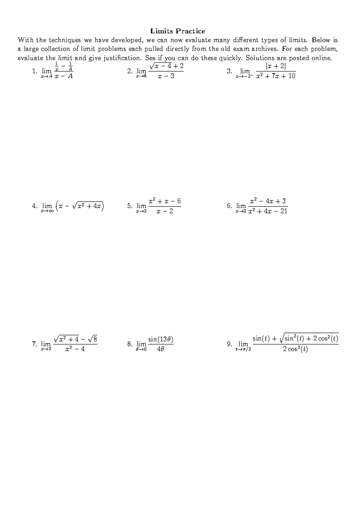 M124Limits Practice - Cool - Limits Practice With the techniques we ...