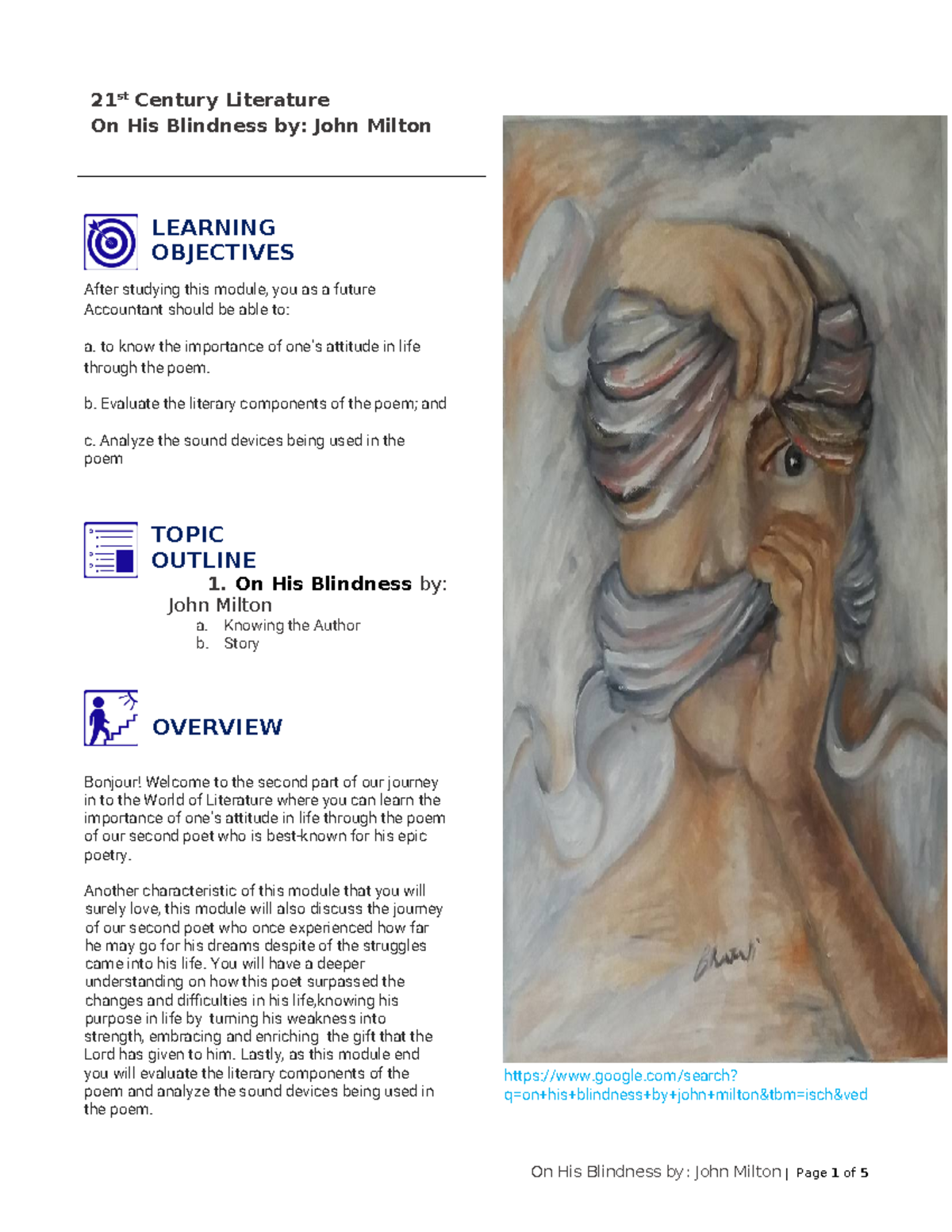 ON HIS Blindness JOHN Milton - LEARNING OBJECTIVES After studying this ...