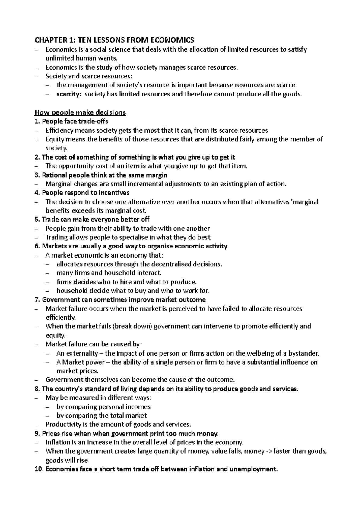 Summary Microeconomics lectures - CHAPTER 1: TEN LESSONS FROM ECONOMICS ...