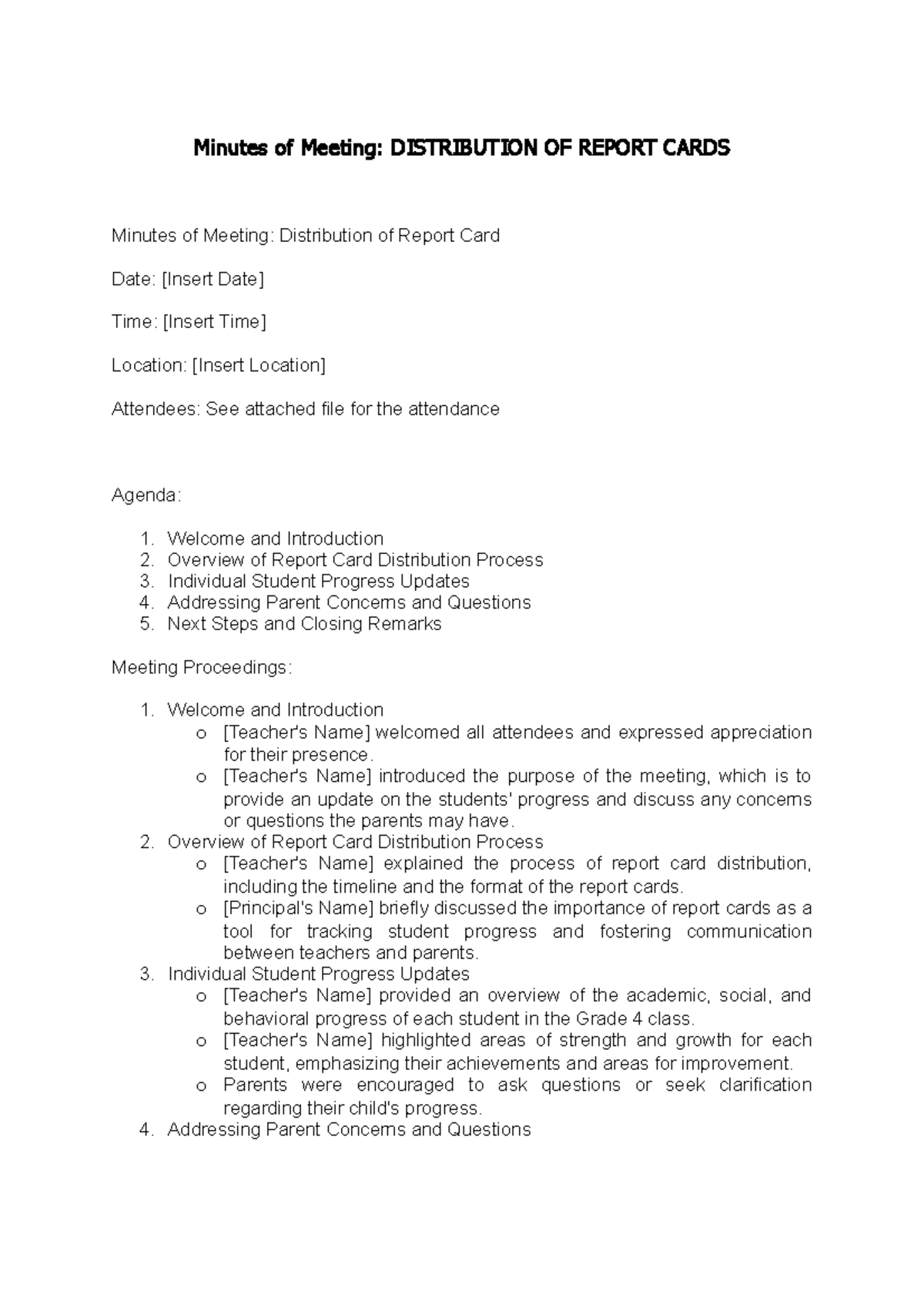 Minutes OF Meeting - Distribution OF Report Cards - Minutes of Meeting ...