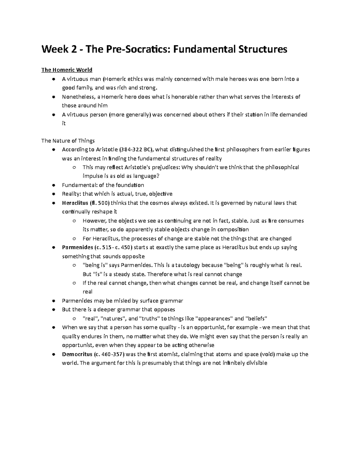 PHIL 111 Week 2 Notes - Week 2 - The Pre-Socratics: Fundamental ...