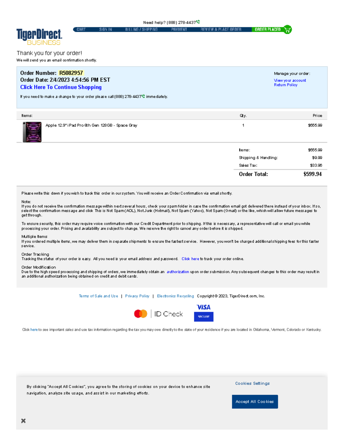 Order Confirmation - non - Items: $555. Shipping & Handling: $9. Sales ...