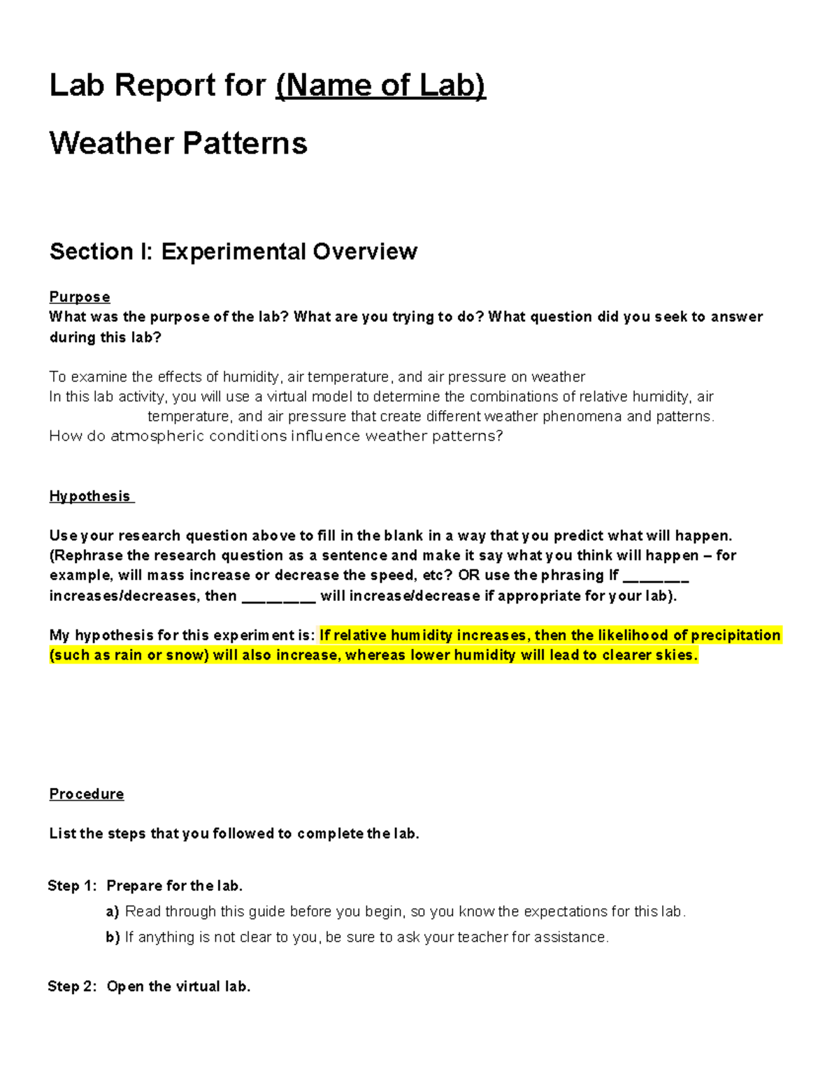 Lab Report Template TL (6) - Lab Report for (Name of Lab) Weather ...