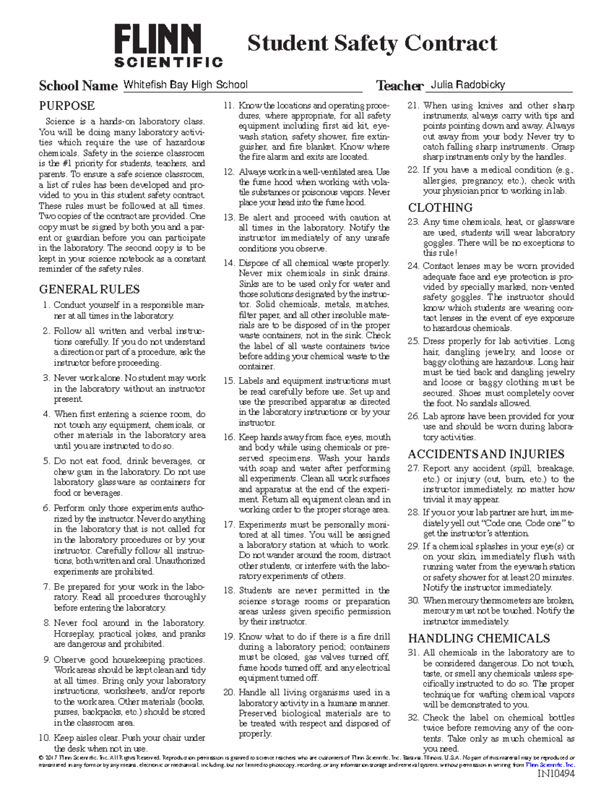 Chemistry Safety Contract - PURPOSE Science is a hands-on laboratory ...