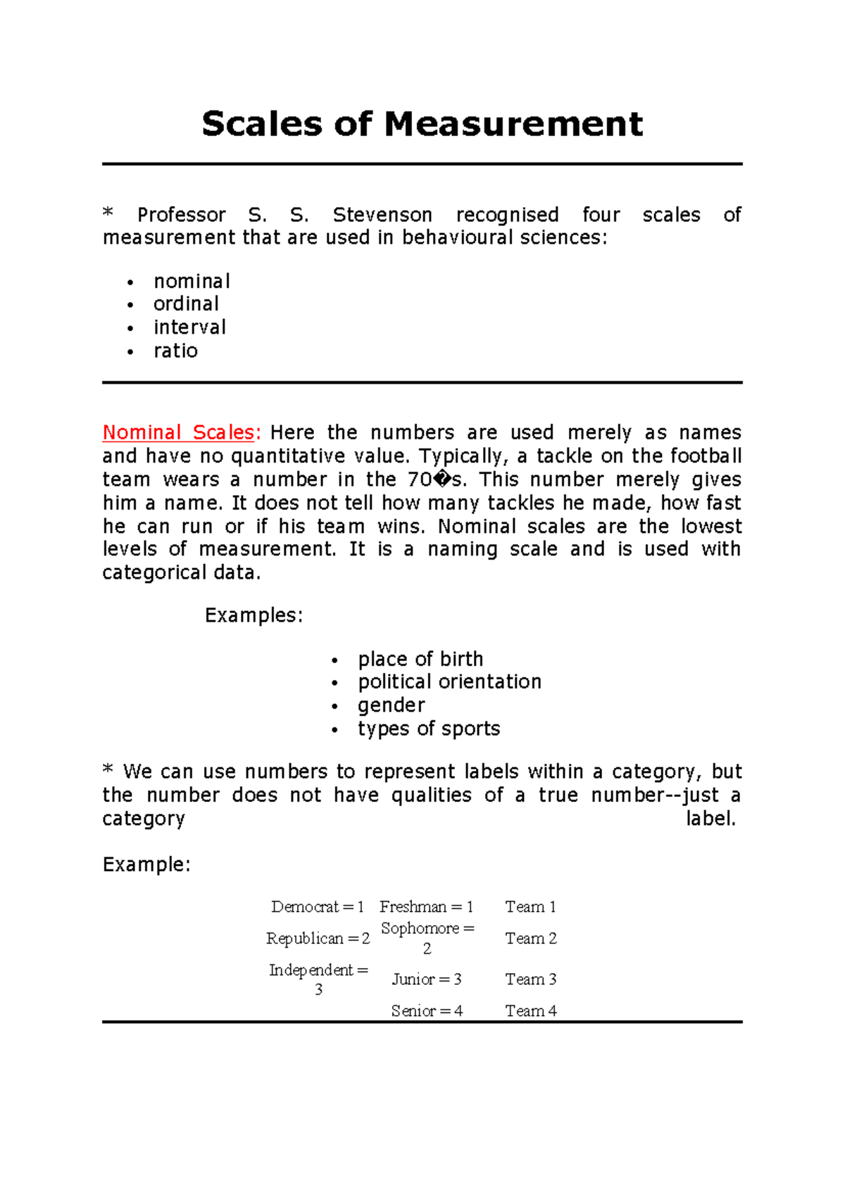 Scales of Measurement - more detail - Scales of Measurement * Professor S. S. Stevenson ...