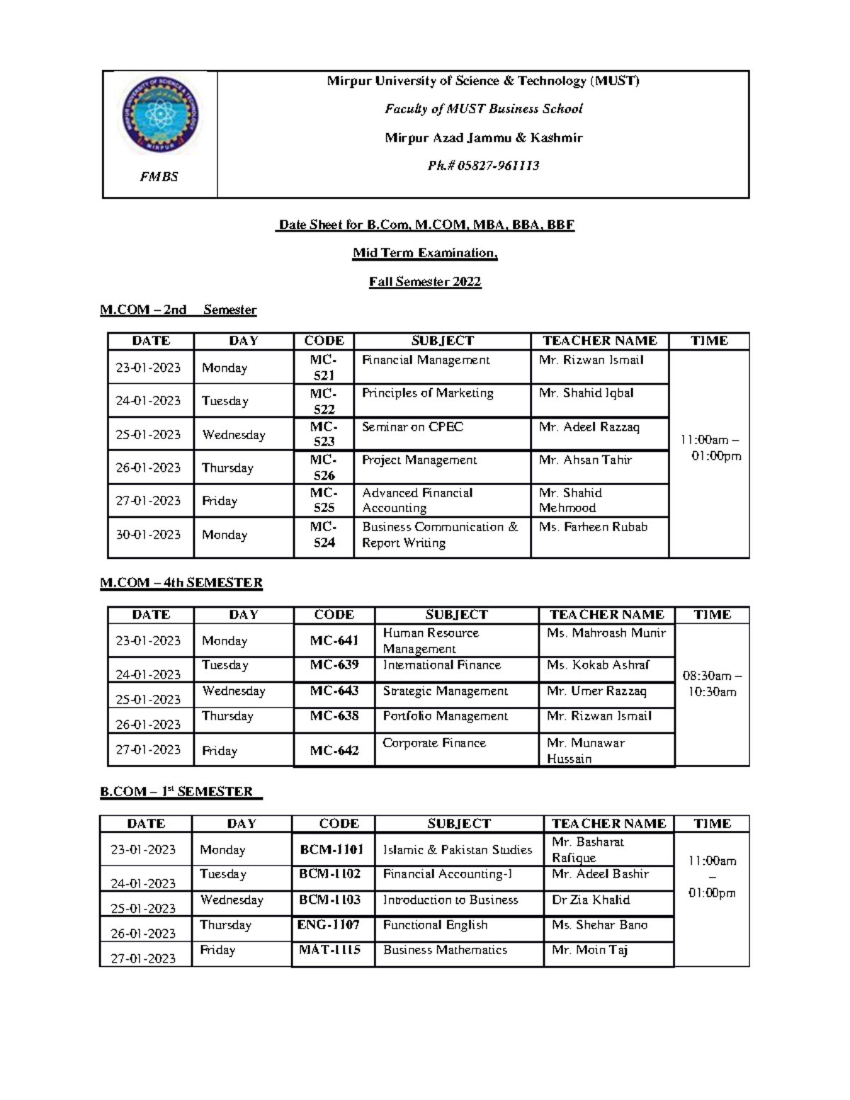Revised Date sheet Mid TERM (Final) Fall-2022 - FMBS Mirpur University of Science & Technology ...