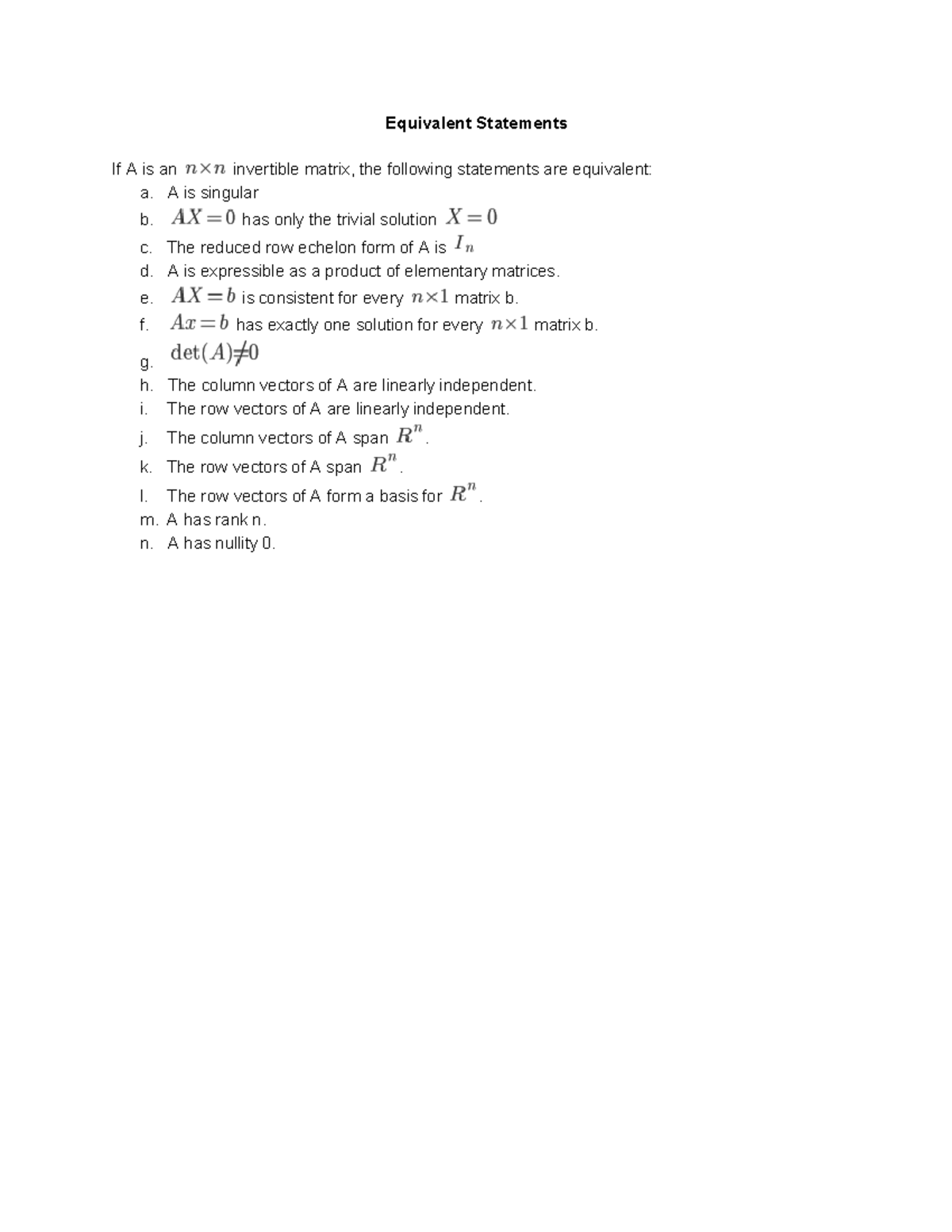 Linear Algebra Notes - Equivalent Statements If A is an - Studocu