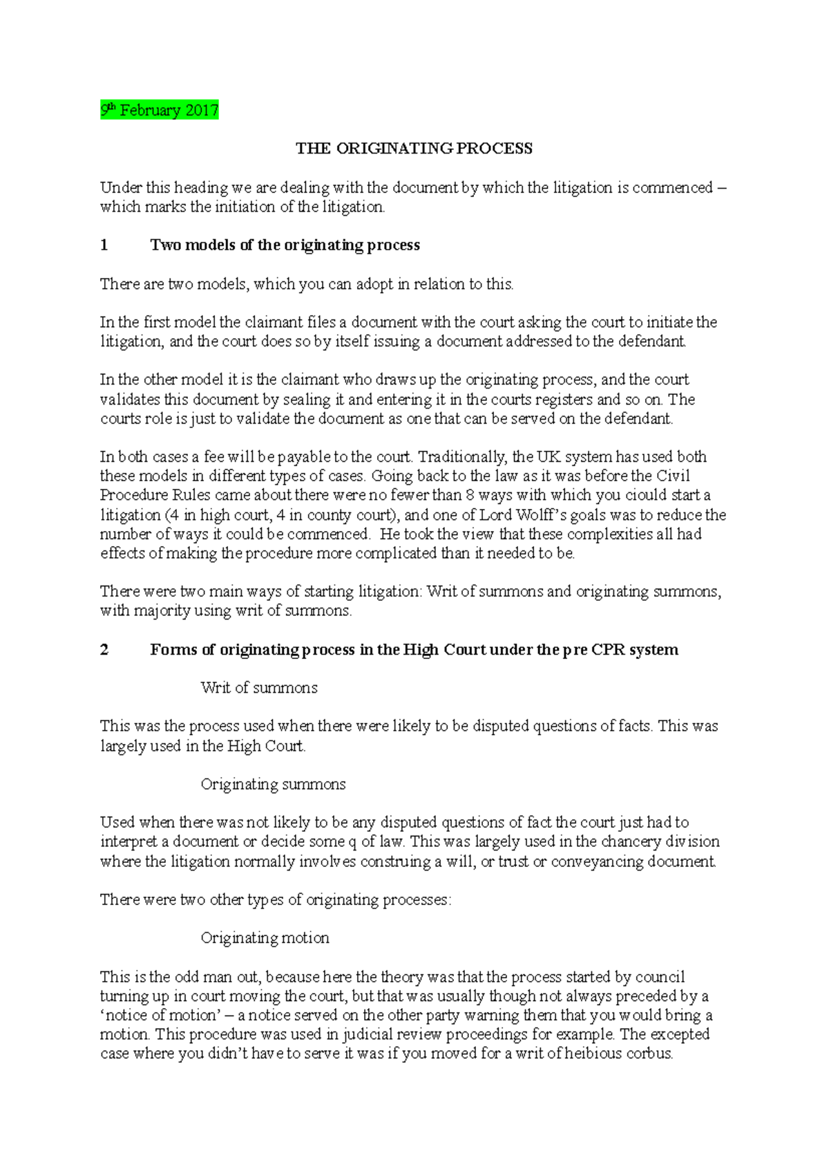 THE Originating Process-1 - 9th February 2017 THE ORIGINATING PROCESS ...