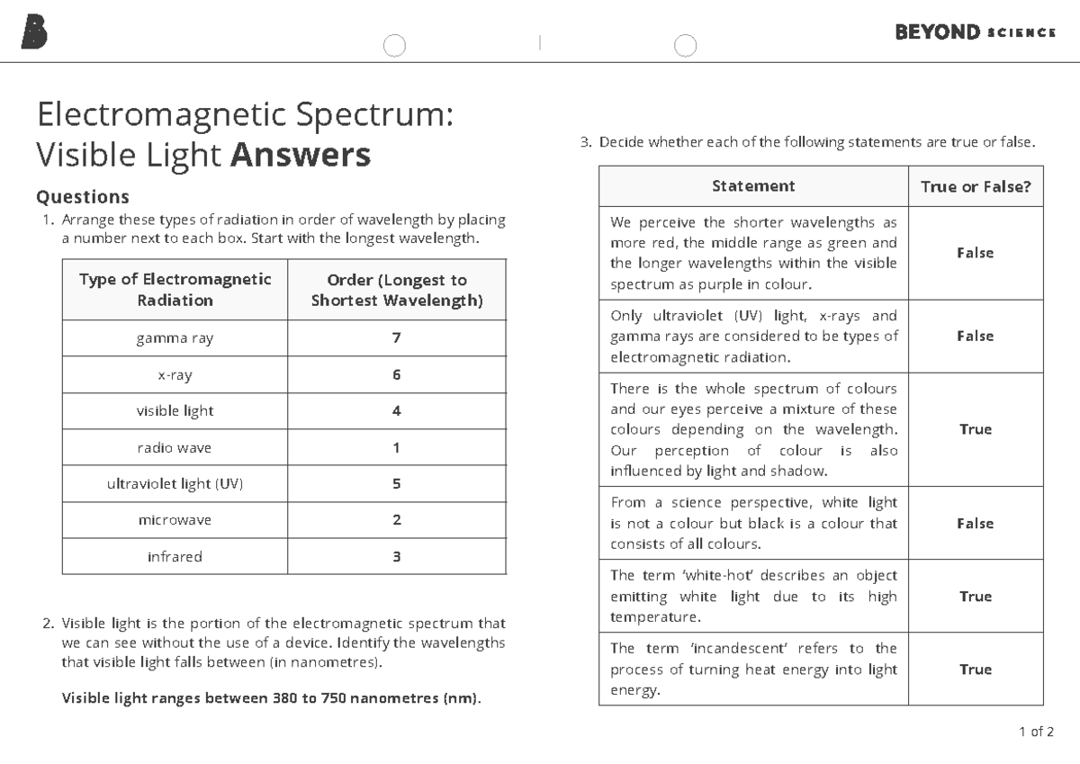 Electromagnetic Spectrum-Visible Light - Answers - Electromagnetic ...