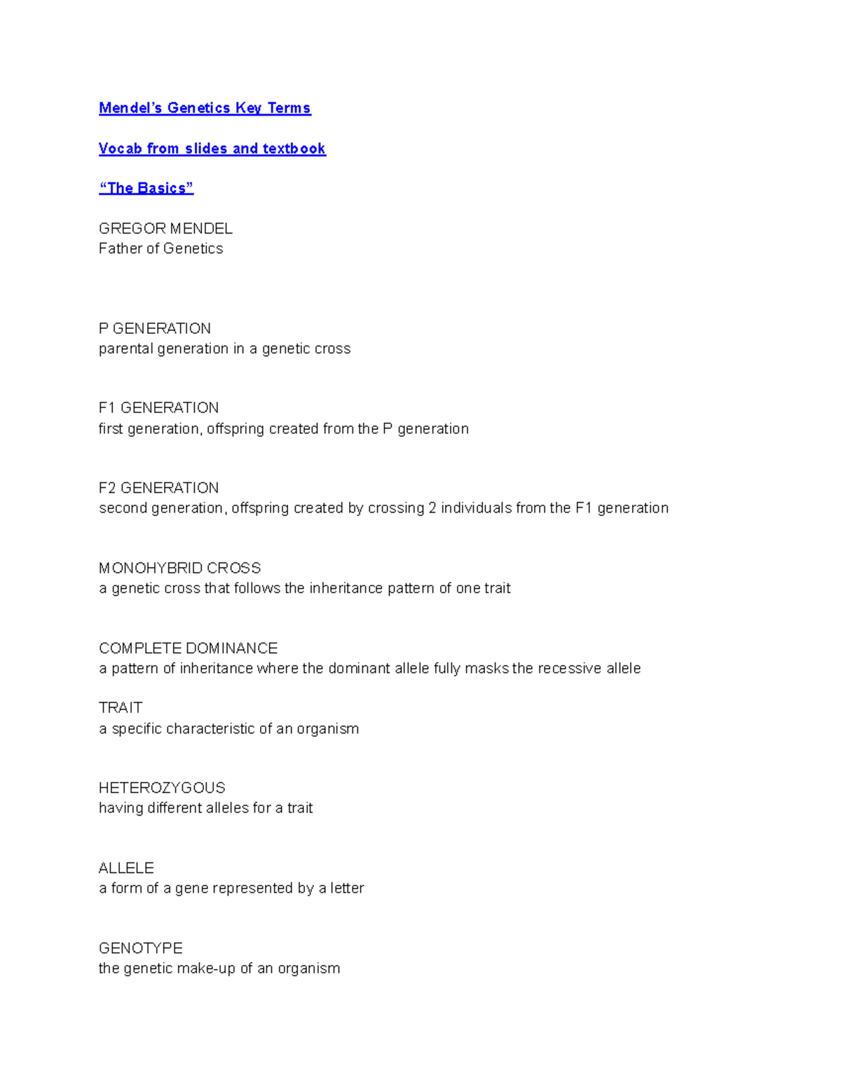 Bio 222 Mendel's Genetics Vocab For Exam 1 - Google Docs - Mendel’s ...