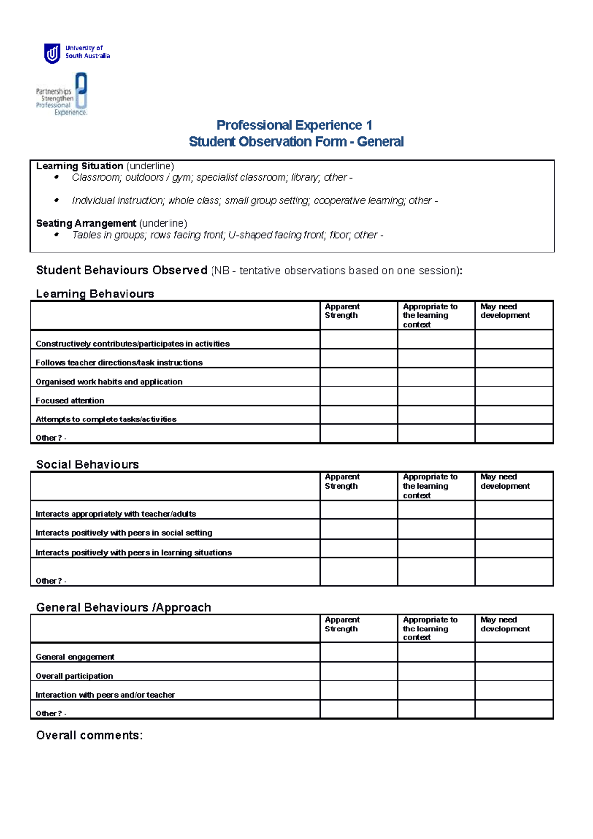 Indiviual Student observation proforma - Professional Experience 1 ...