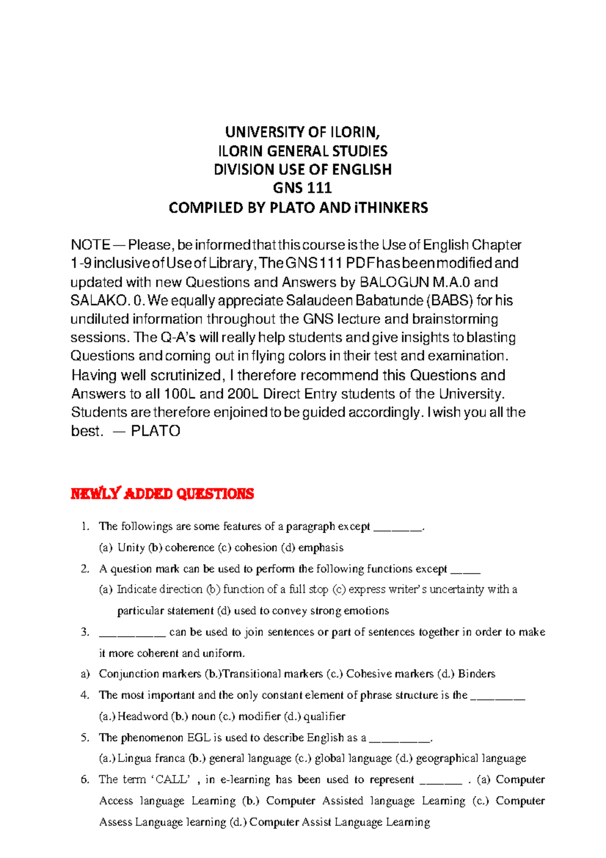 GNS 111 BY Plato - UNIVERSITY OF ILORIN, ILORIN GENERAL STUDIES DIVISION USE OF ENGLISH GNS 111 ...