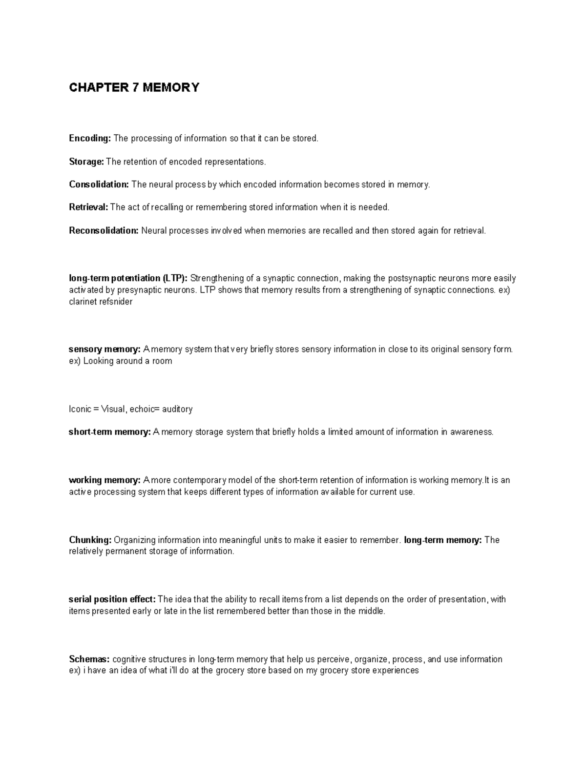 Chapter 7 Memory Notes - CHAPTER 7 MEMORY Encoding: The processing of ...