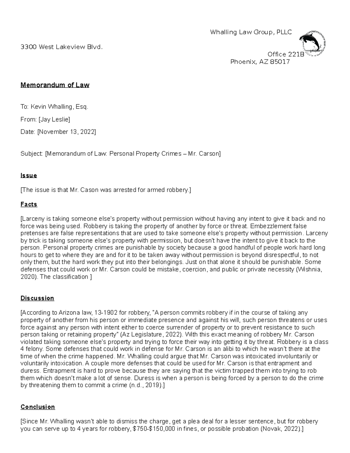 Criminal law - Memorandum - Whalling Law Group, PLLC 3300 West Lakeview ...