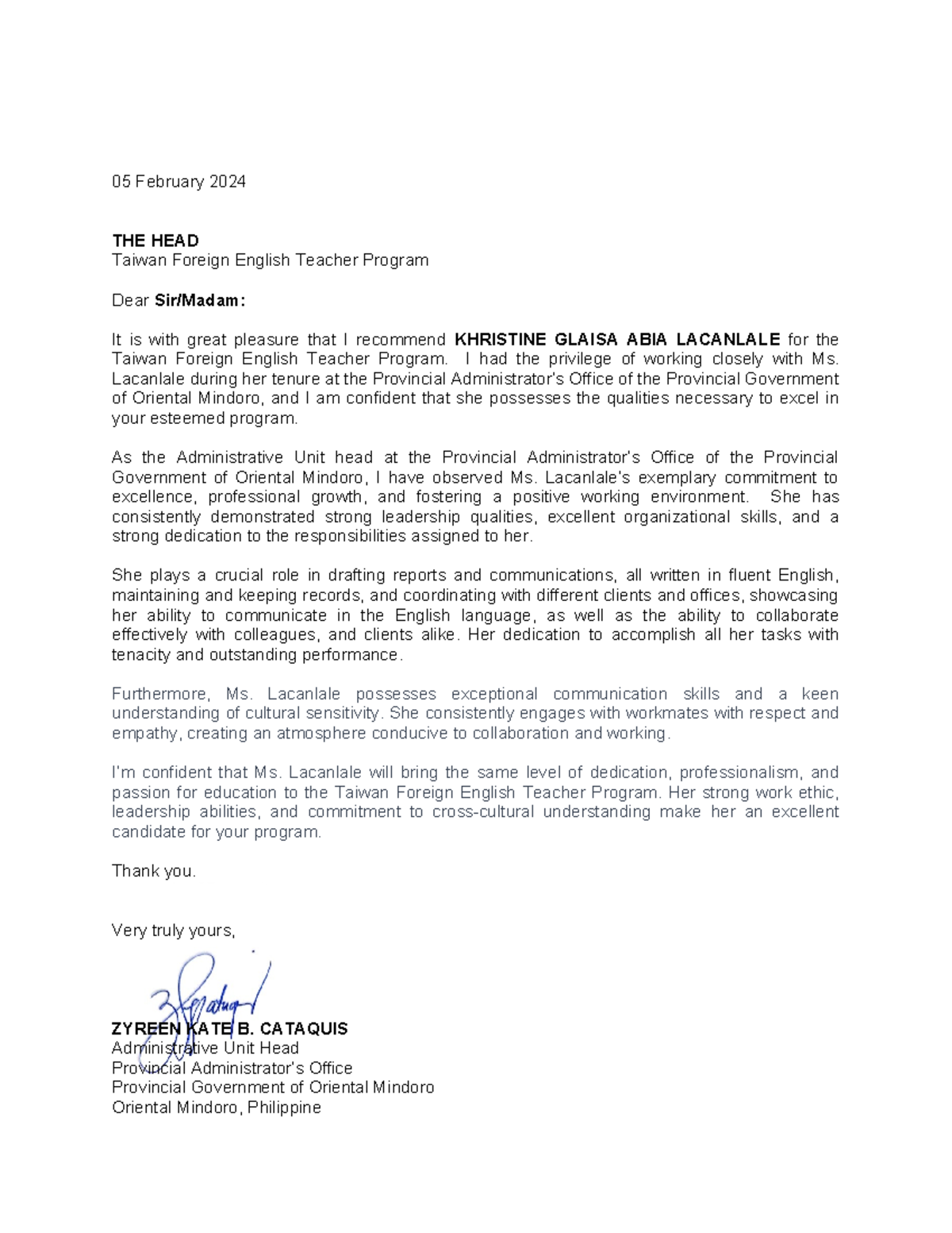 Recommendation Letter for Khristine Glaisa A Lacanlale - 05 February ...