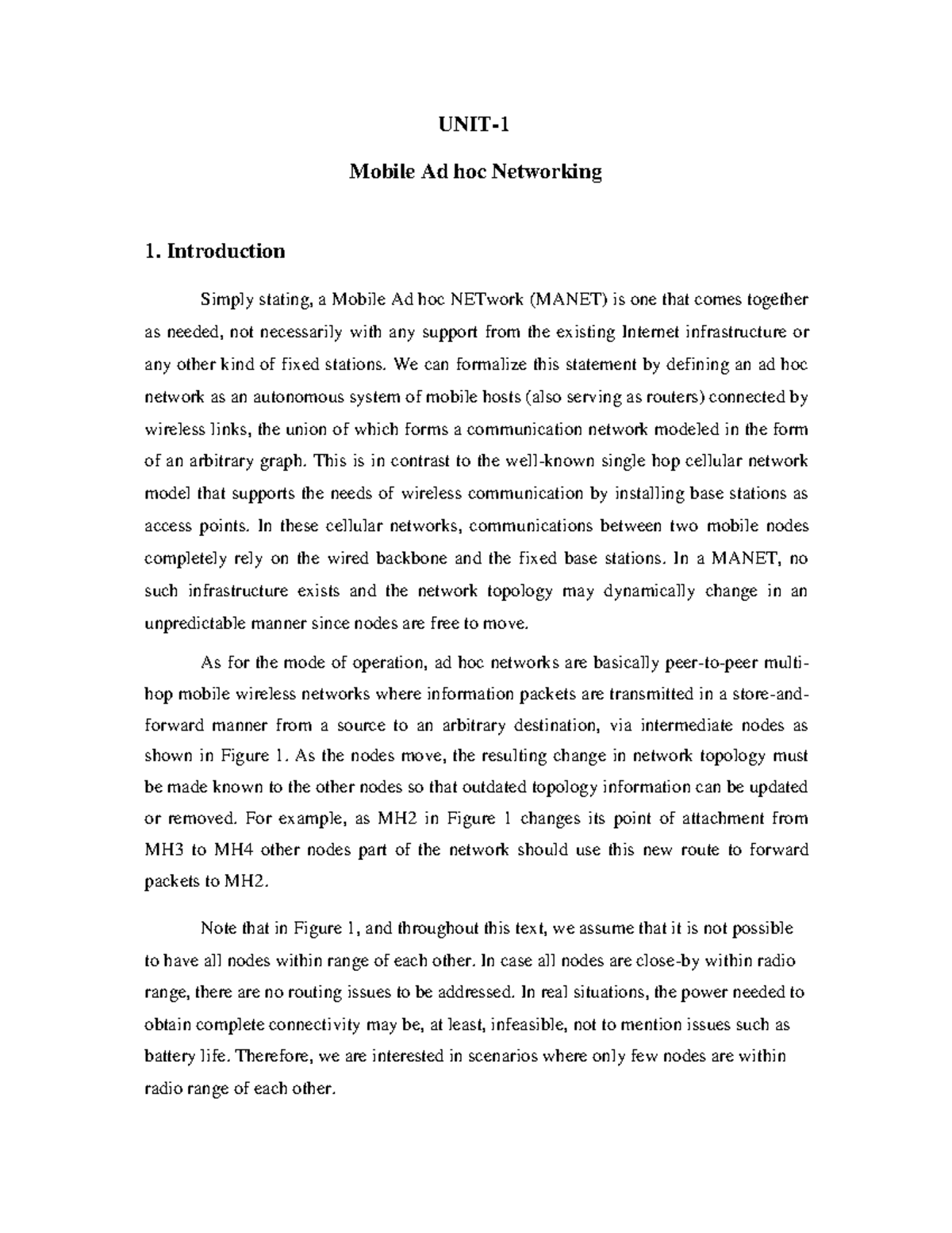 Ad Hoc Sensor Networks 1 Unit Mobile Ad Hoc Networking 1 Introduction Simply Stating A