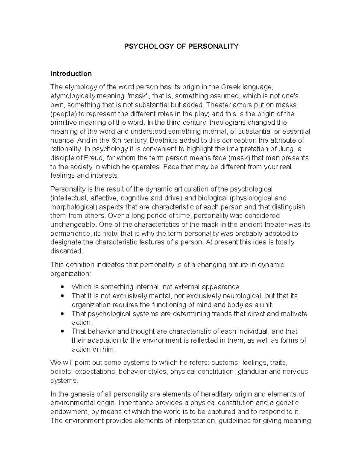 Psychology of personality - PSYCHOLOGY OF PERSONALITY Introduction The ...