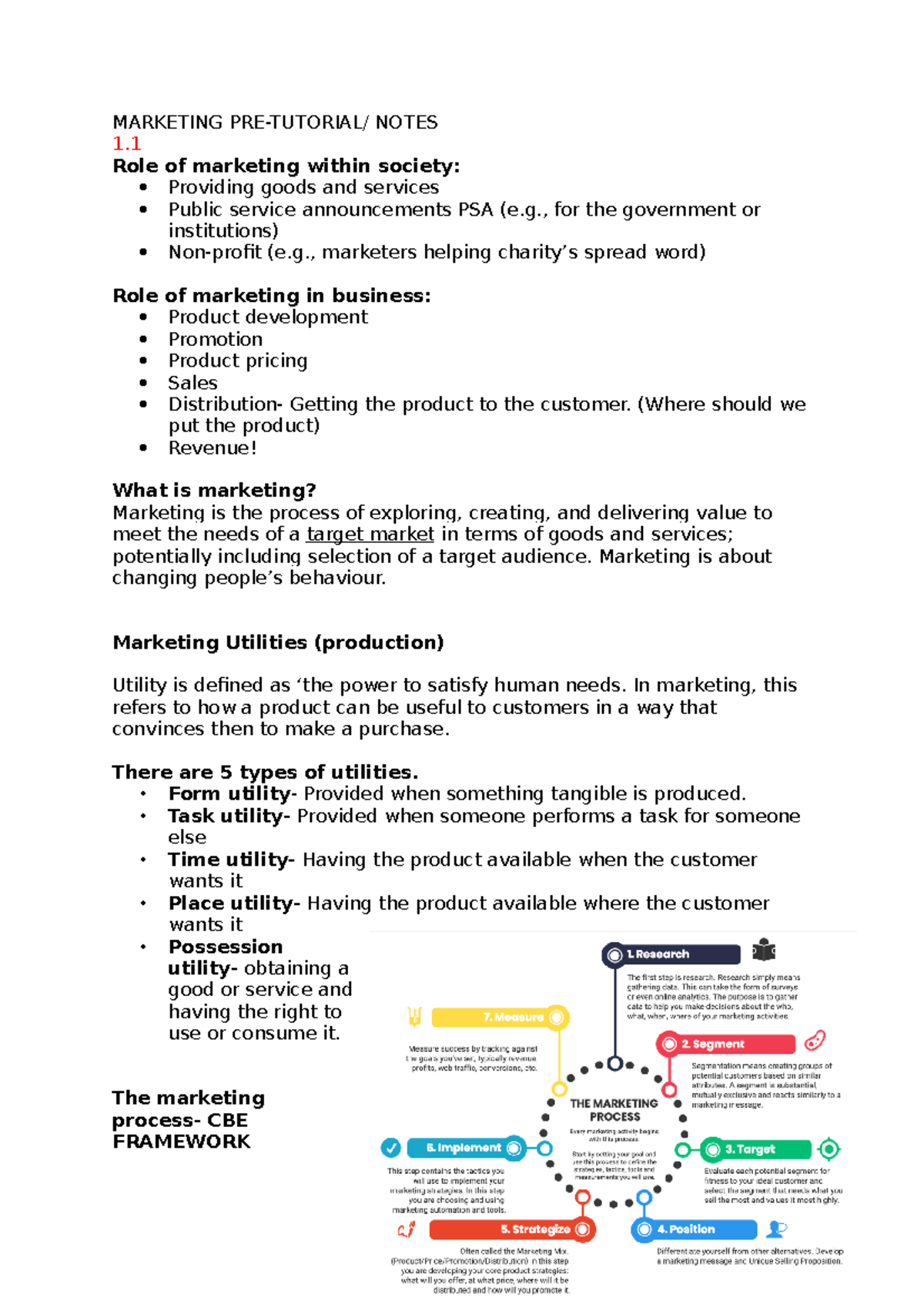 Marketing notes - MARKETING PRE-TUTORIAL/ NOTES 1. Role of marketing ...