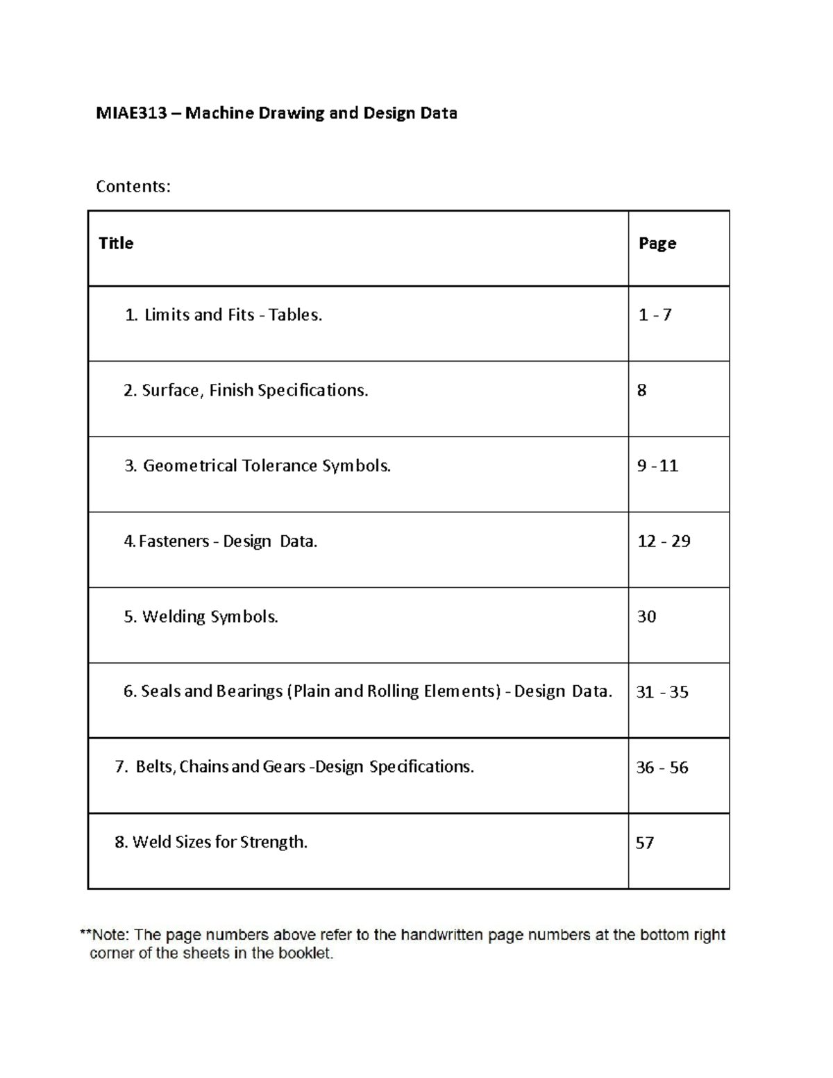 MIAE 313 Final Exam Booklet - MECH 313 - MIAE313 – Machine Drawing and Design Data Contents ...
