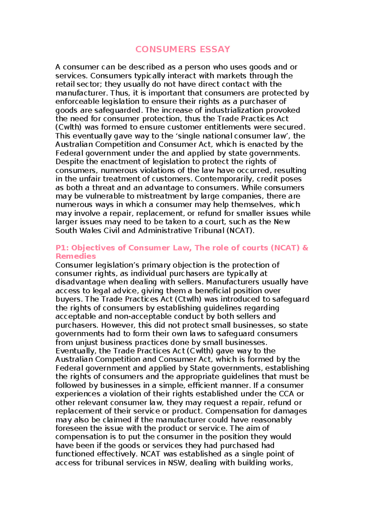 Consumers Essay - CONSUMERS ESSAY A consumer can be described as a ...