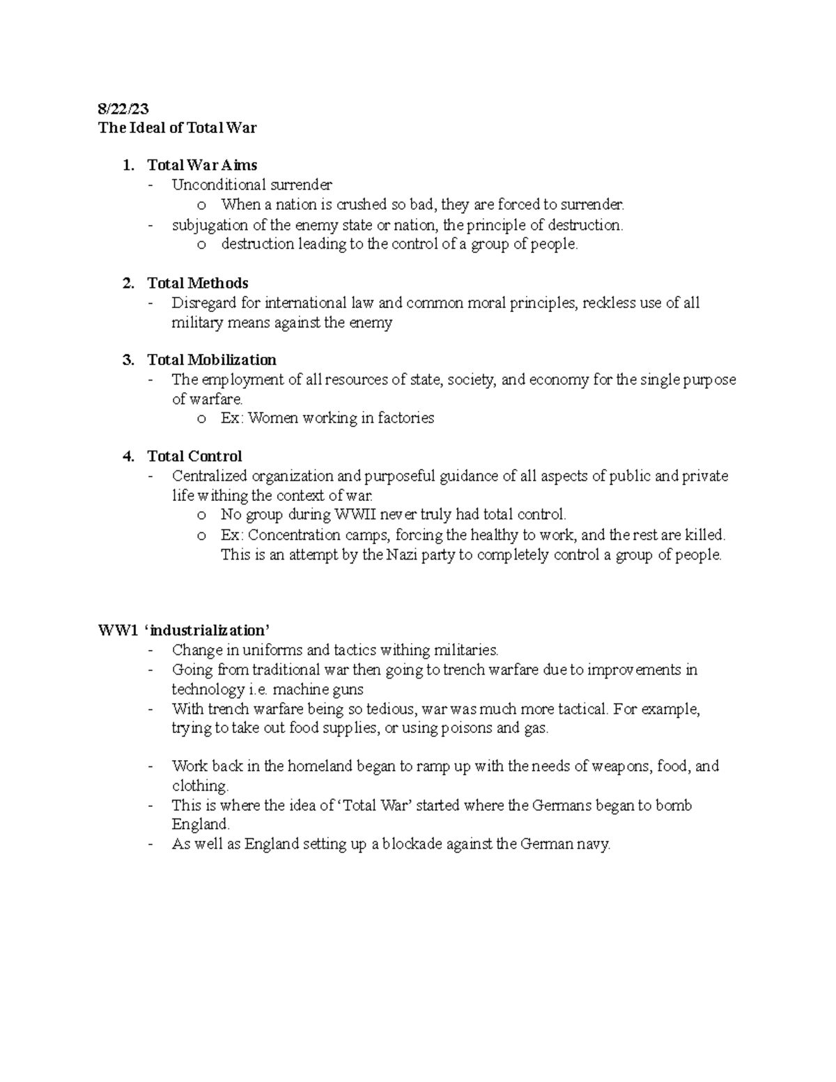 HP- Second World War Notes - 8/22/ The Ideal of Total War 1. Total War ...