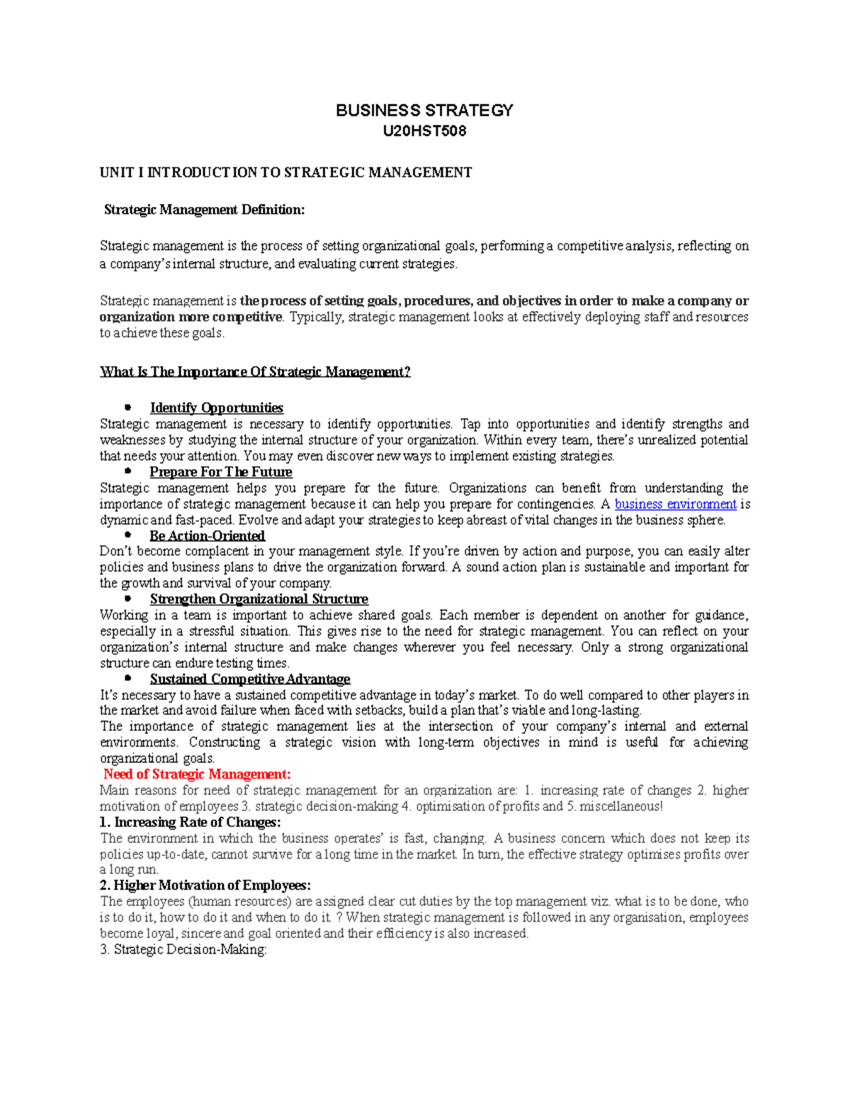 Business Strategy - BUSINESS STRATEGY U20HST UNIT I INTRODUCTION TO ...