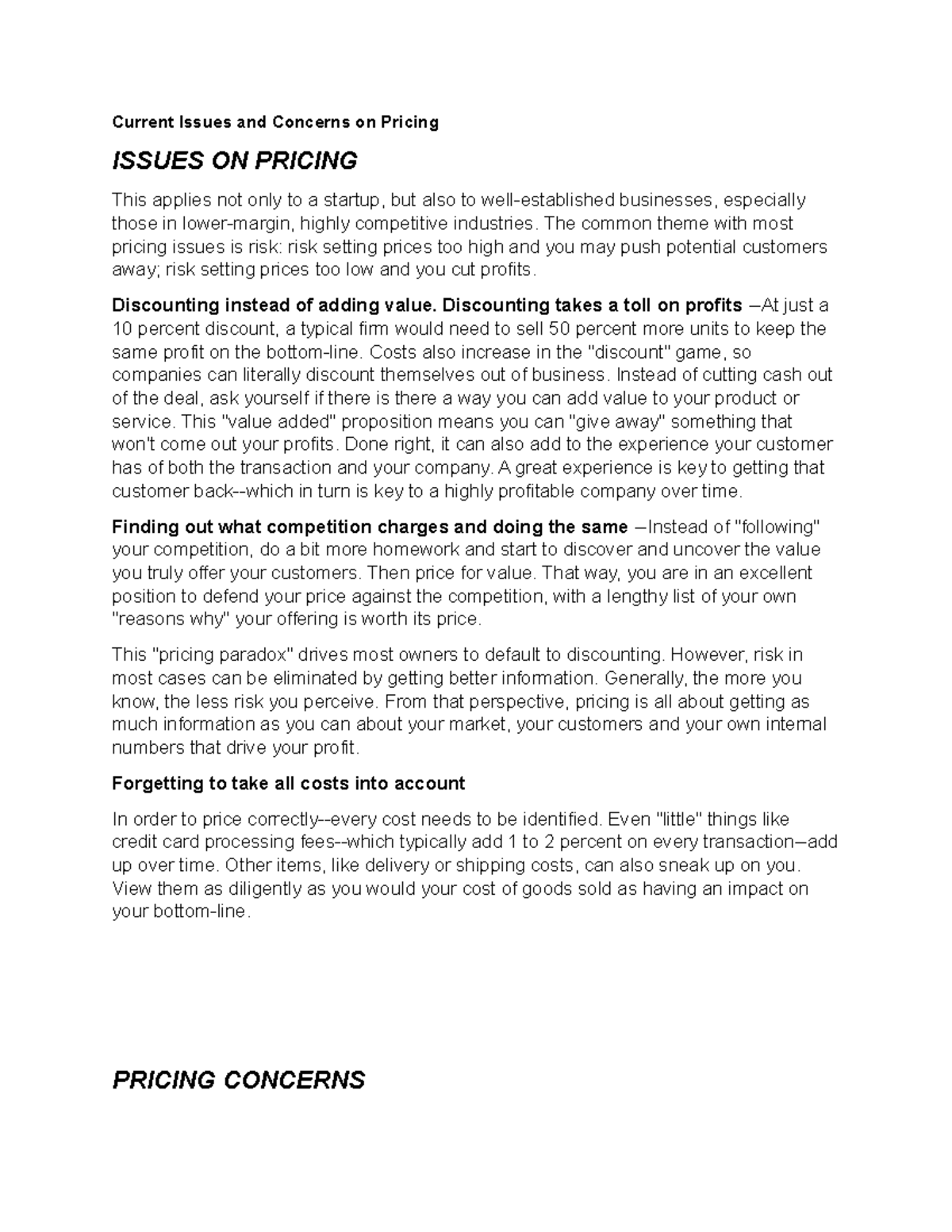 Current Issues and Concerns in Pricing - The common theme with most ...