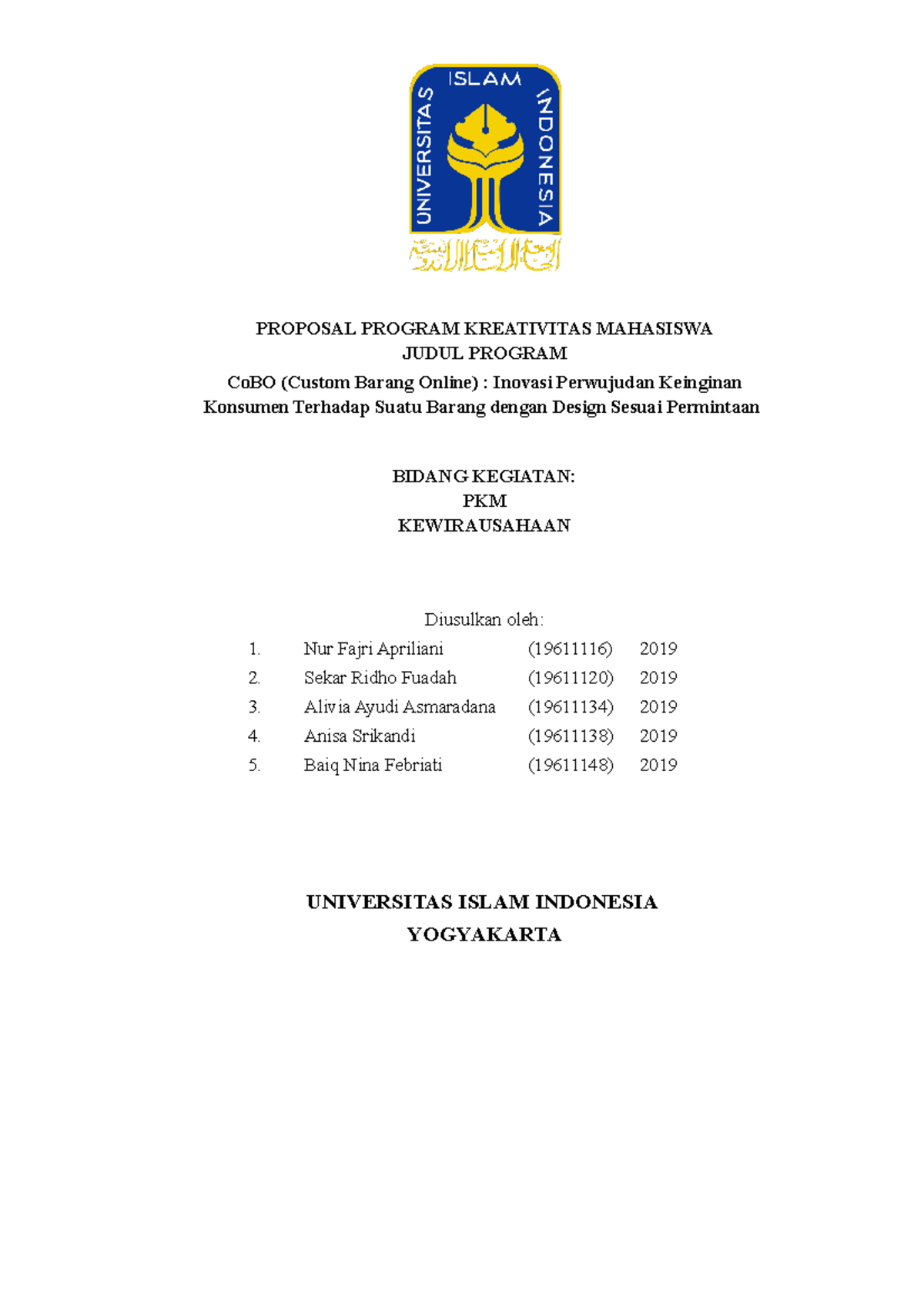 Kelompok 4 - PROPOSAL PROGRAM KREATIVITAS MAHASISWA JUDUL PROGRAM CoBO ...