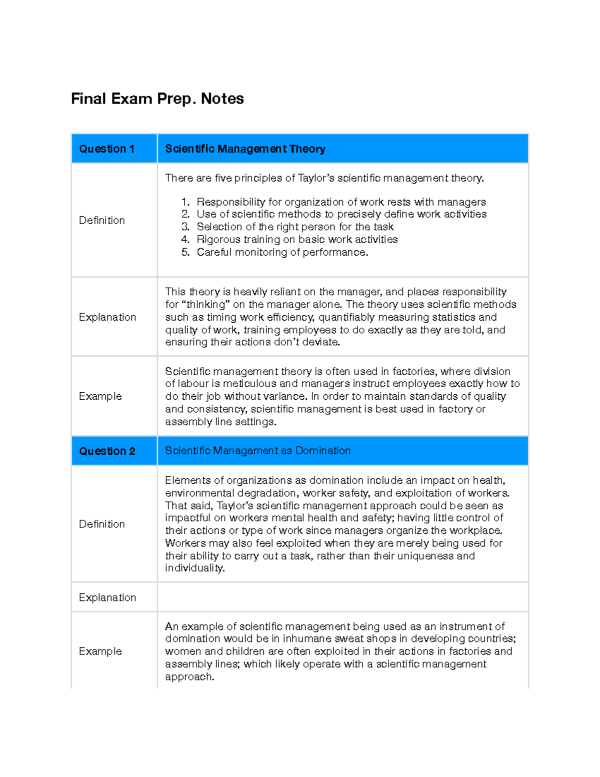 Lecture notes, Final Exam Prep. Notes - Final Exam Prep. Notes Question ...
