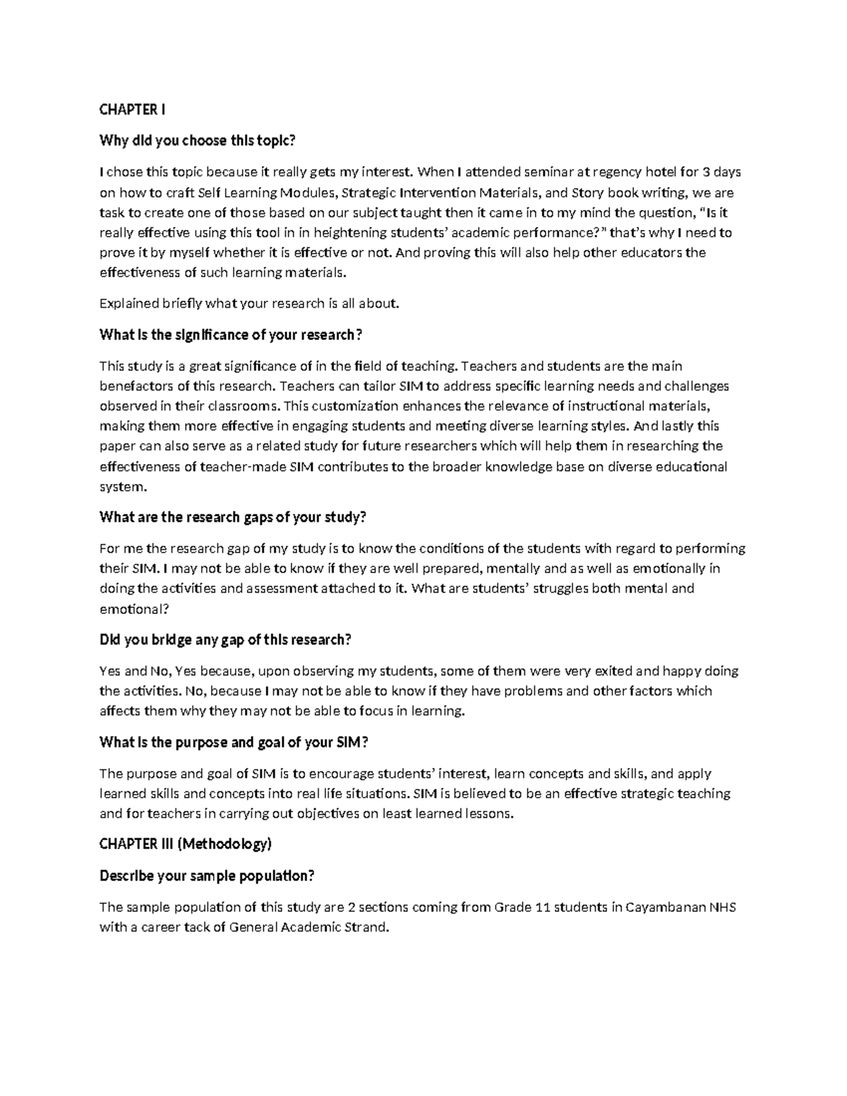 Possible Q&A Action Research - CHAPTER I Why did you choose this topic ...